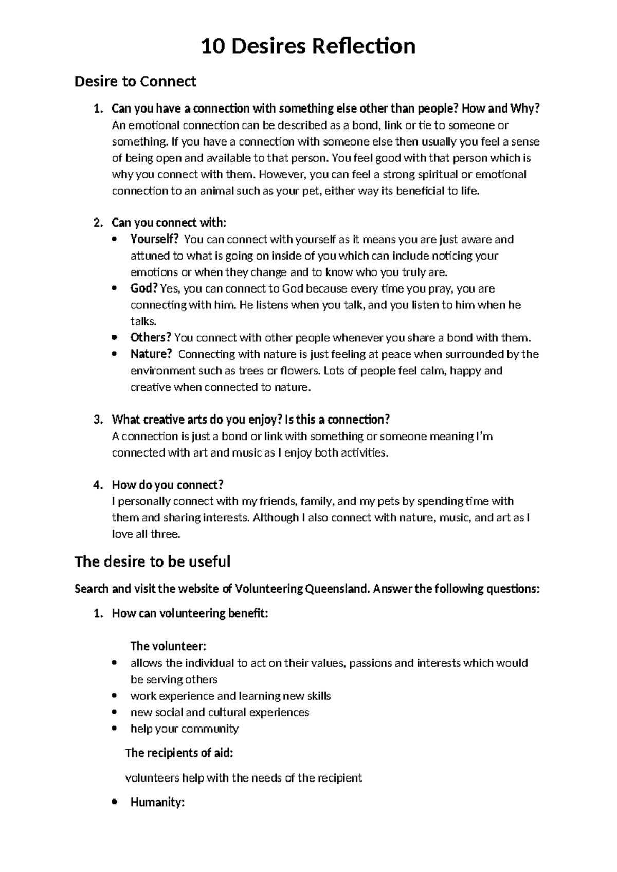 10 Desires Reflection - 10 Desires Reflection Desire to Connect 1. Can ...