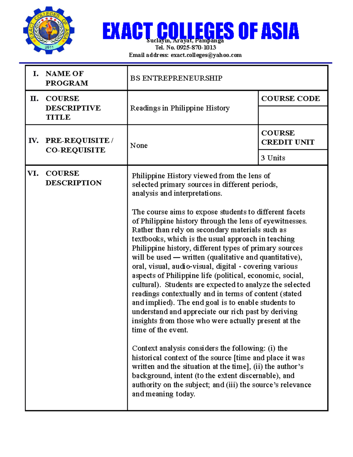 Module I Section 1 - I. NAME OF PROGRAM BS ENTREPRENEURSHIP II. COURSE ...