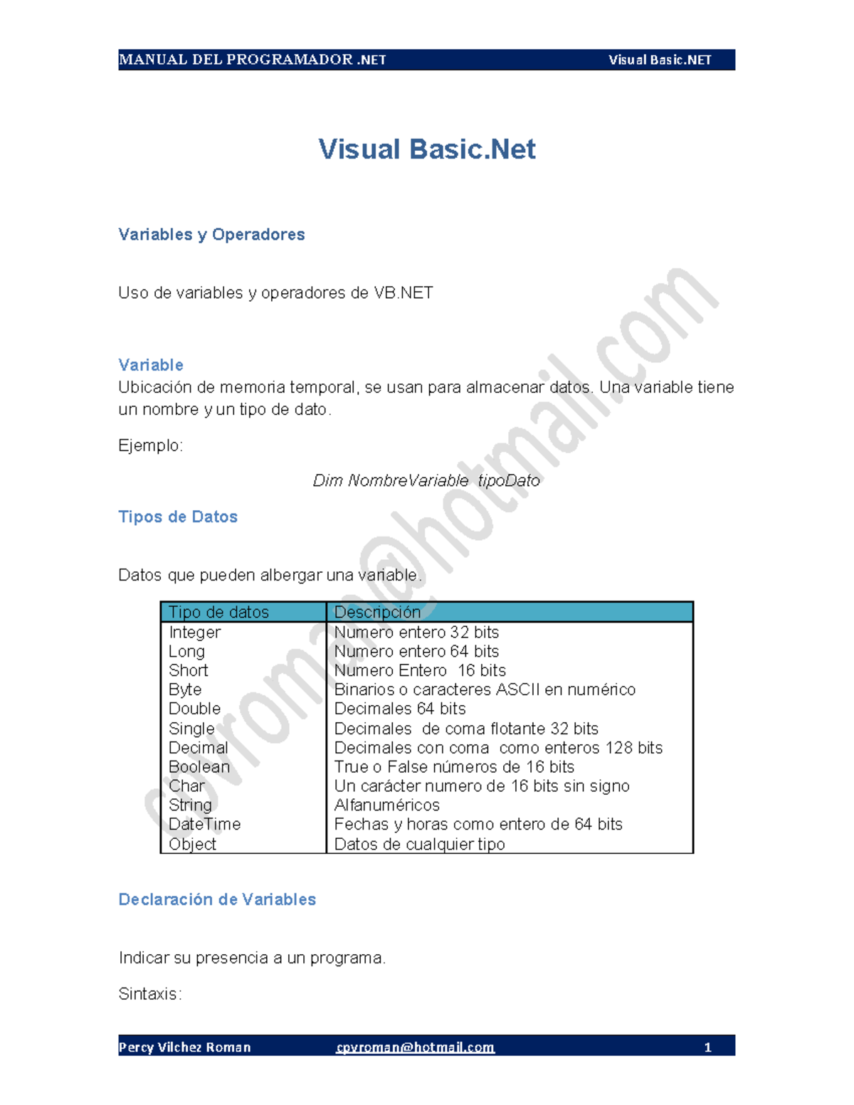Manual Visual Basic NET - Visual Basic Variables y Operadores Uso de variables y operadores de ...