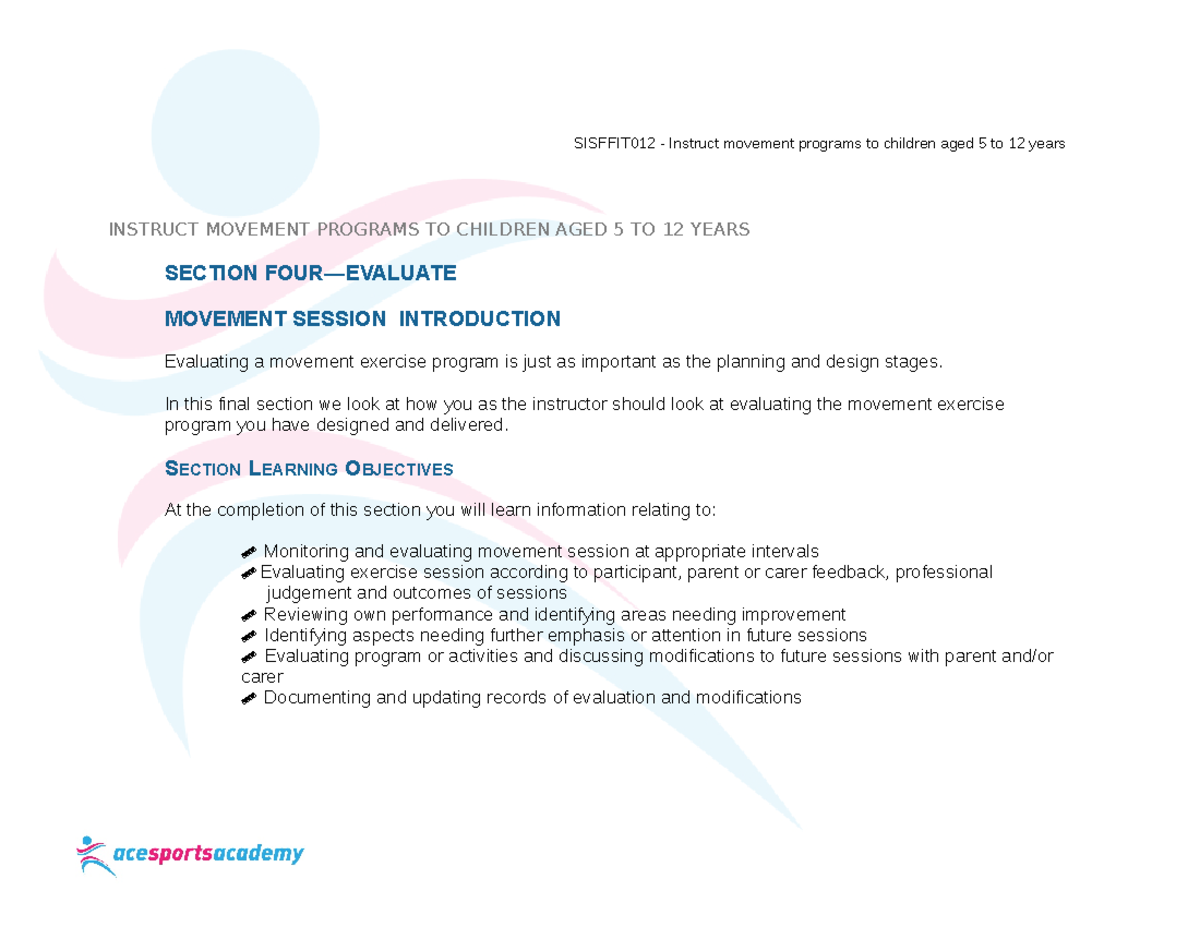 Section Learning Objectives - SISFFIT012 - Instruct movement programs ...