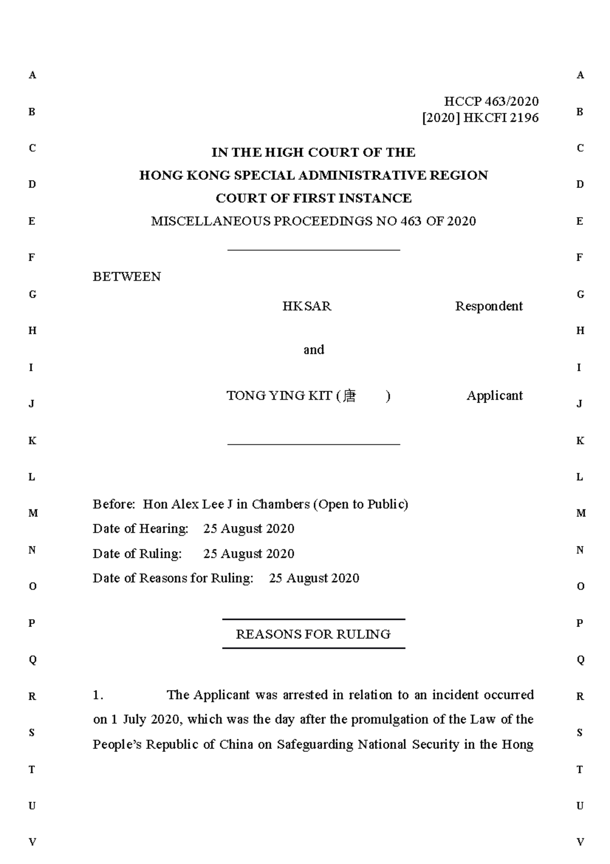 HKSAR v Tong Ying Kit - [2020] HKCFI 2196HCCP 463/ IN THE HIGH COURT OF ...