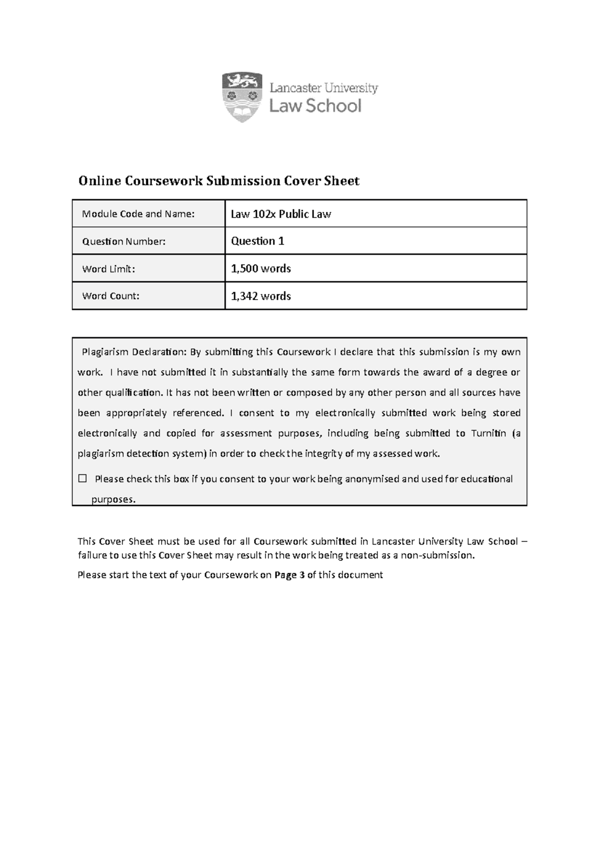 102 coursework Official Doc - “Online Coursework Submission Cover Sheet ...