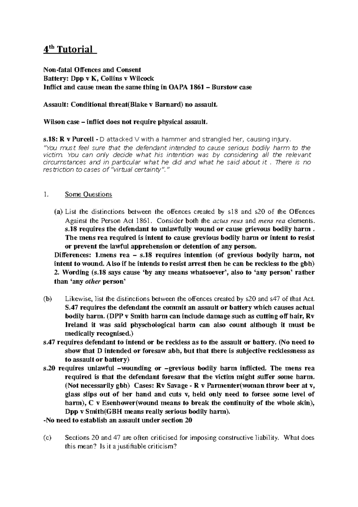 Tutorial work - non-fatal offences - 4th Tutorial Offences and Consent ...