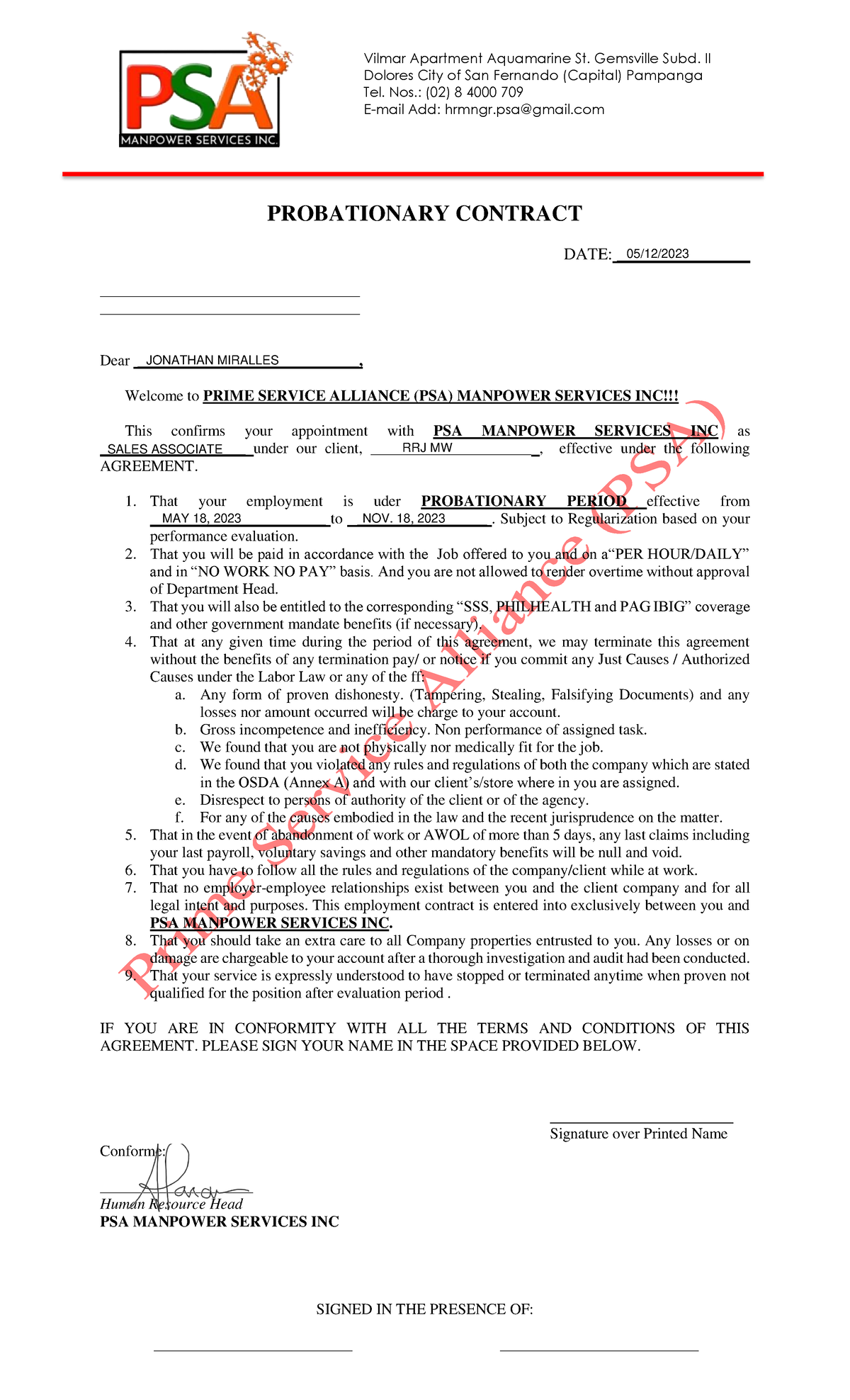 Prime Contract Probi signed Miralles Jonathan - Bachelor of Elementary ...