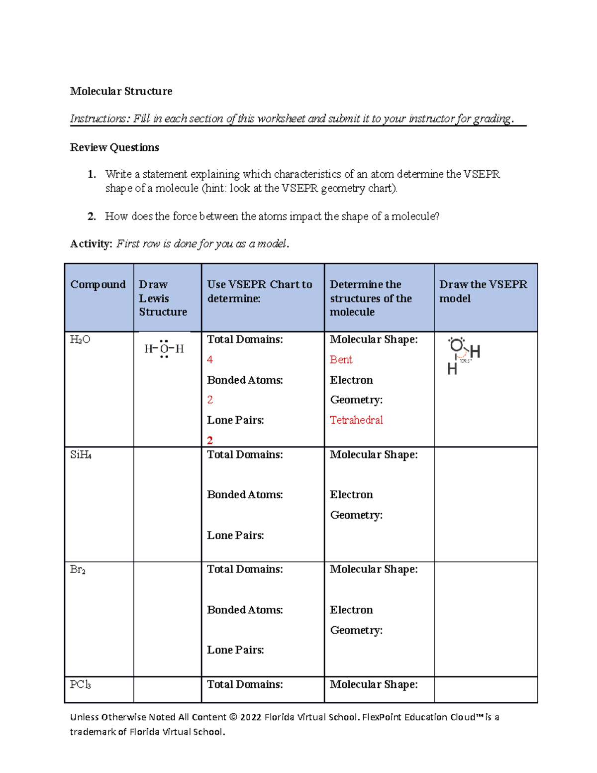 Molecular structure worksheet - Molecular Structure Instructions: Fill ...