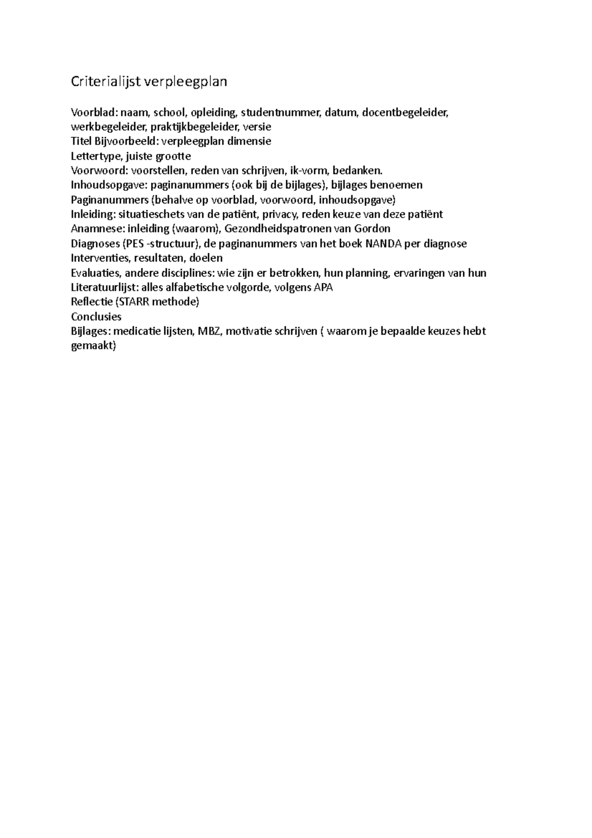 Criterialijst verpleegplan - Criterialijst verpleegplan Voorblad: naam ...