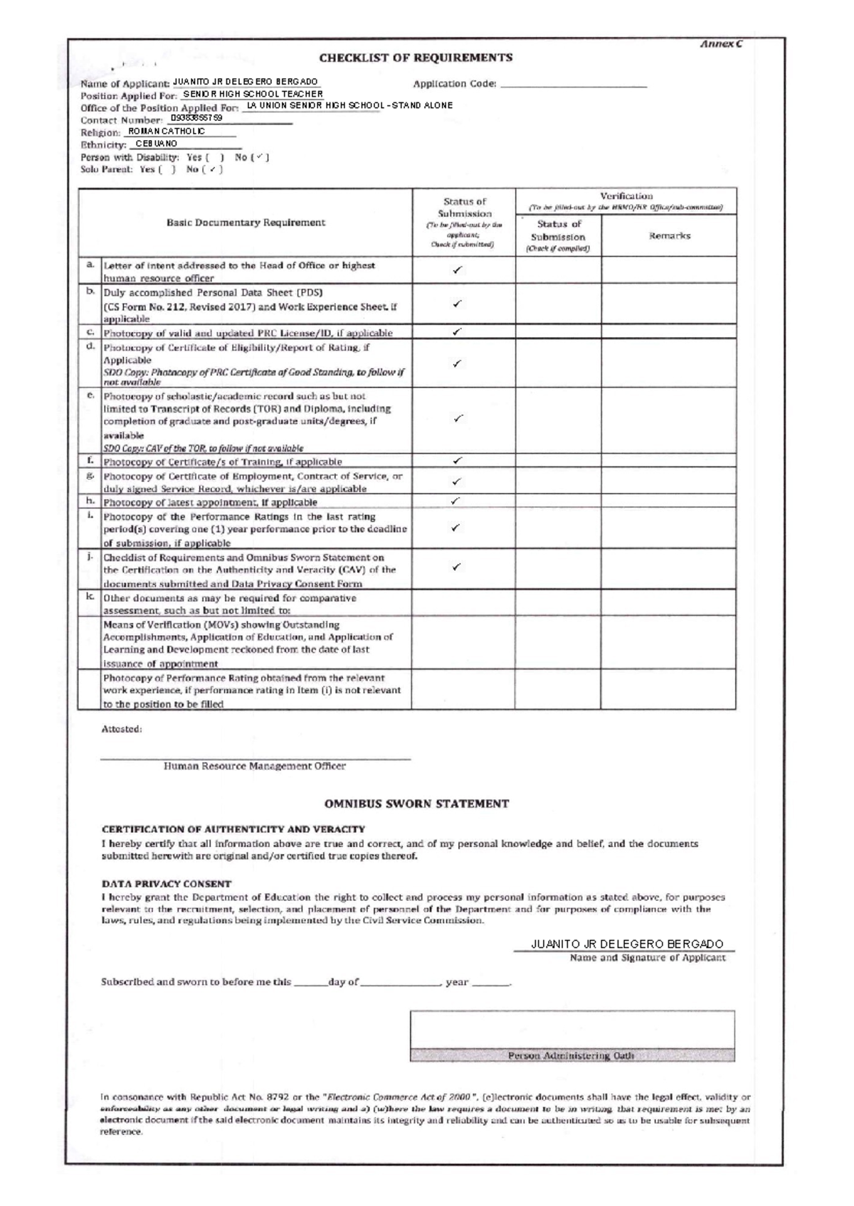 (I) Checklist of Requirements and Omnibus Sworn Statement - Science ...