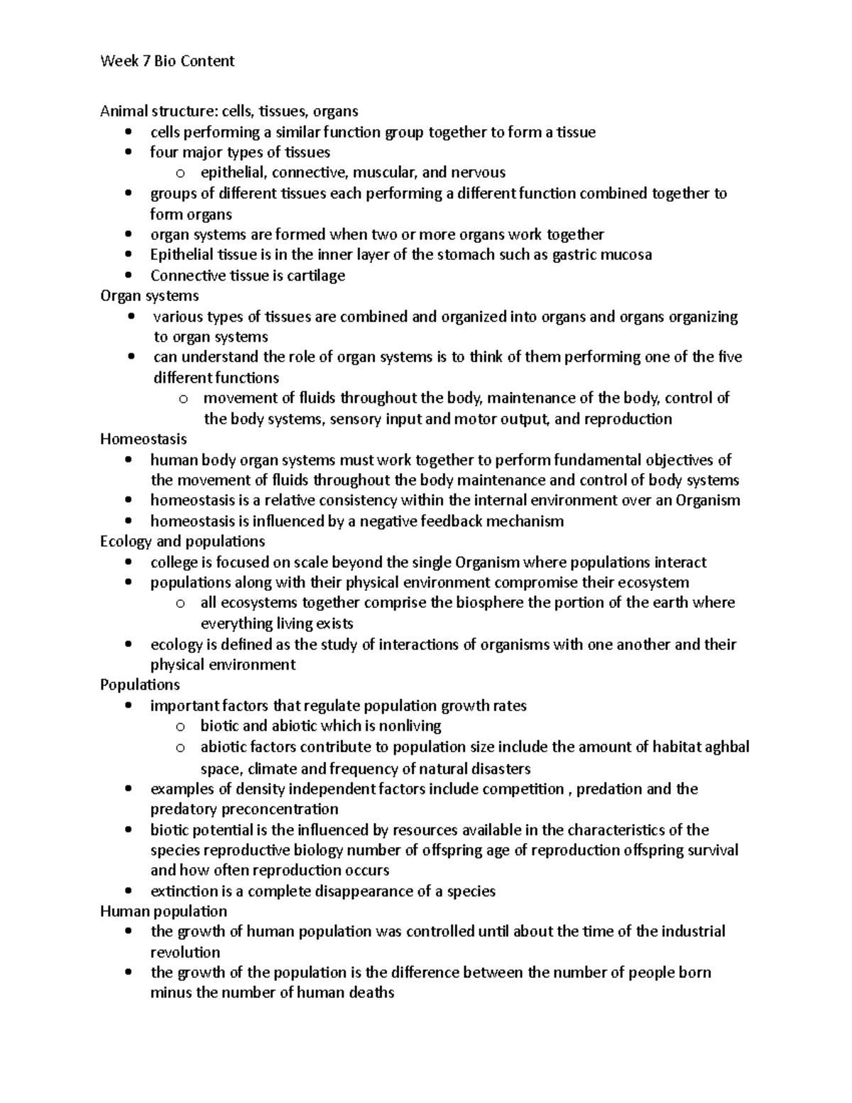 Bio Week 7 Content - notes - Week 7 Bio Content Animal structure: cells ...