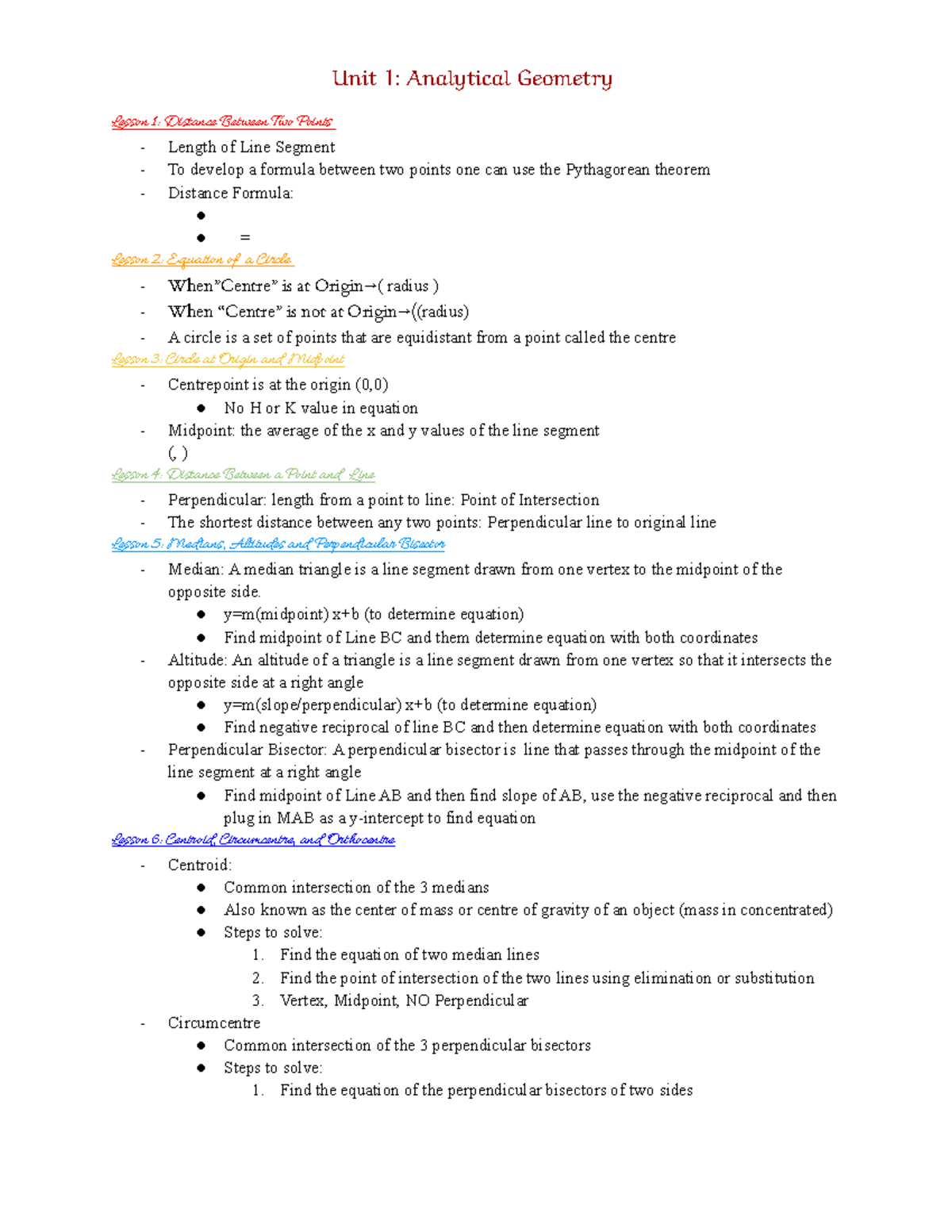 Unit 1 Analytical Geometry - Unit 1: Analytical Geometry Lesson 1 ...
