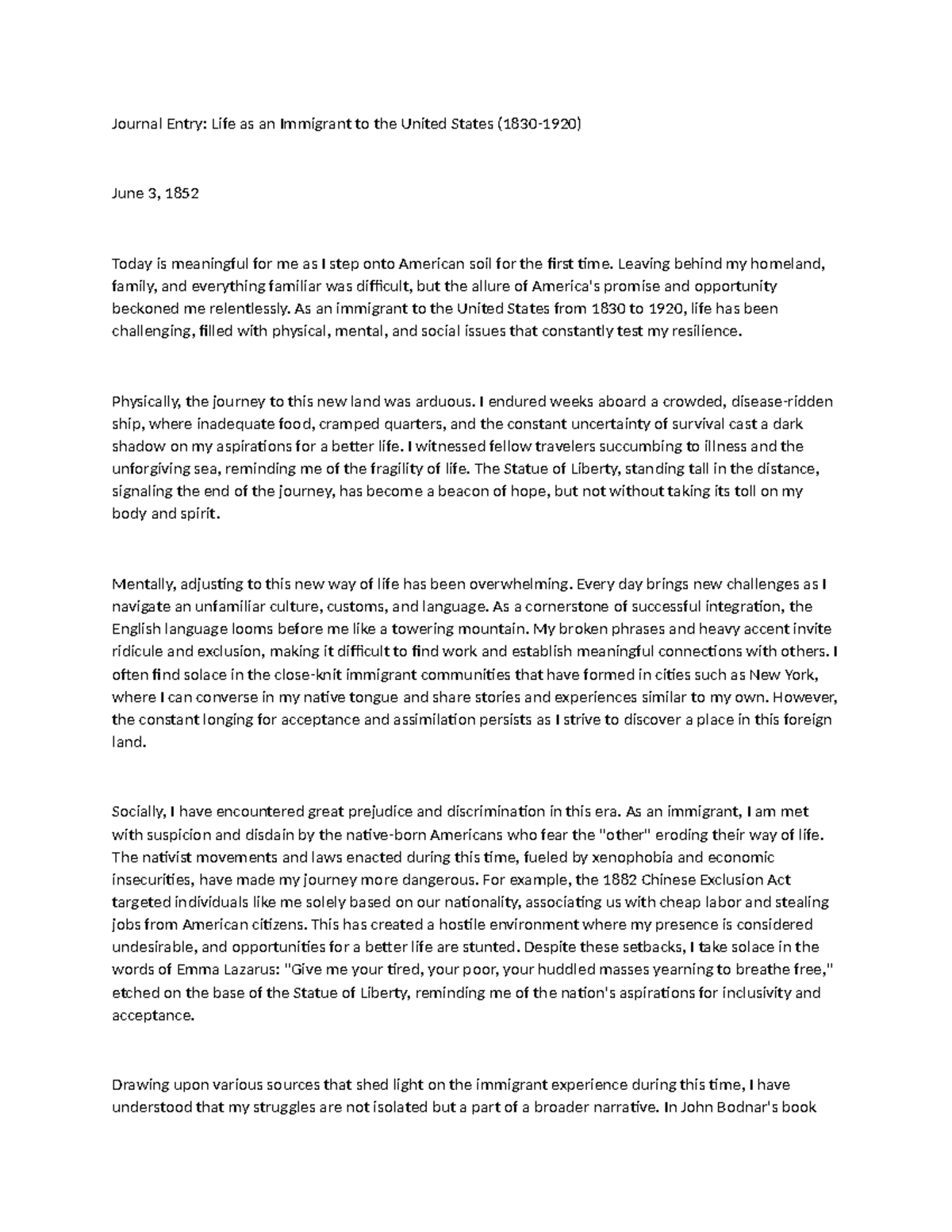 Jouranl entry - Assigment - Journal Entry: Life as an Immigrant to the ...