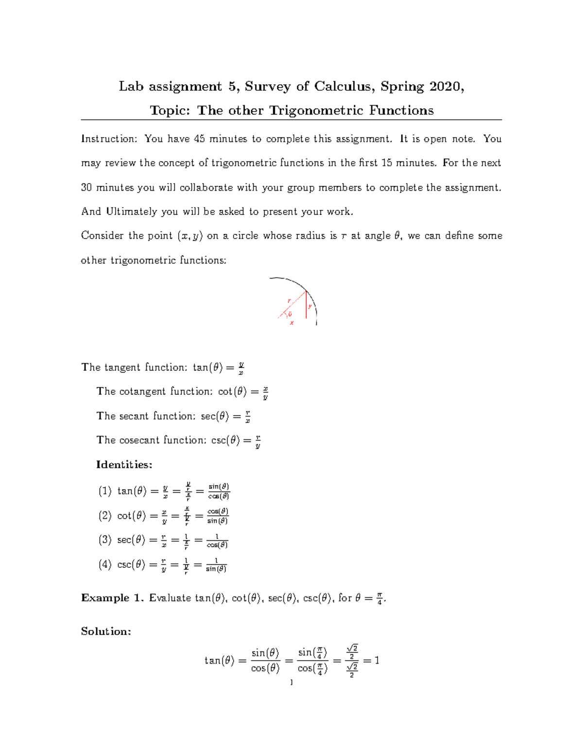 Lab5 - The other Trigonometric Functions - Lab assignment 5, Survey of Calculus, Spring 2020 ...