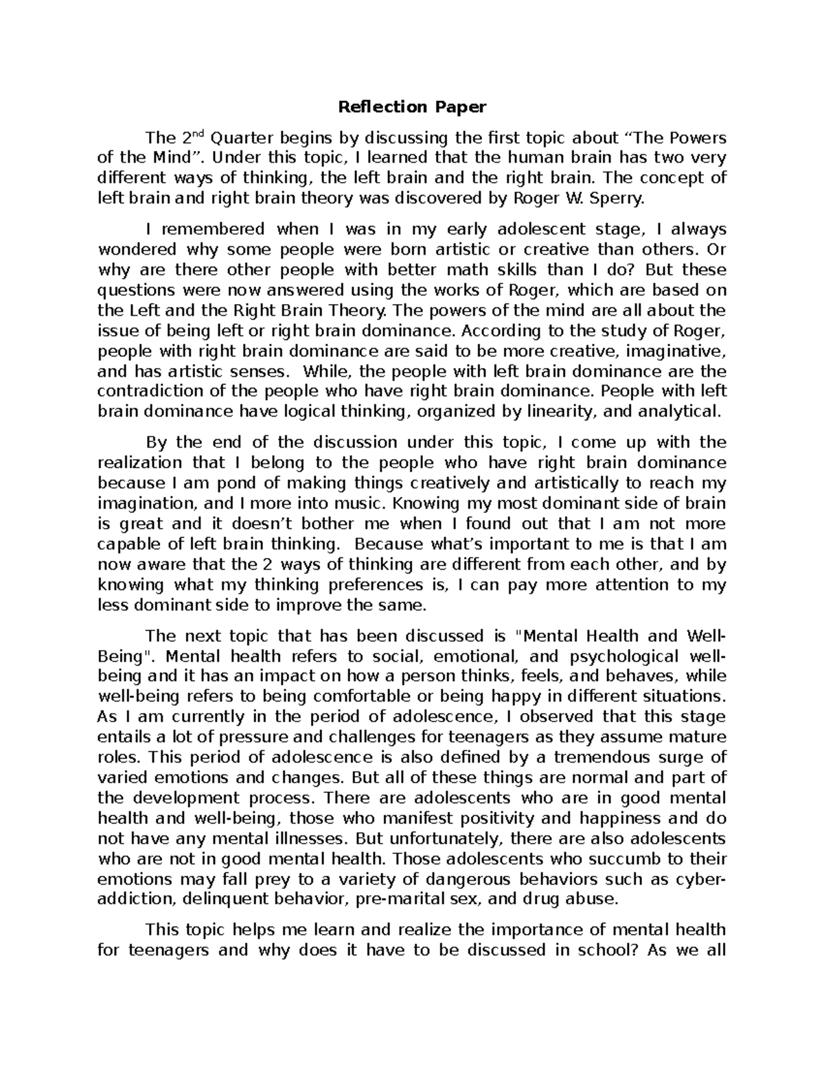 2nd-Quarter Per Dev Reflection Paper - Reflection Paper The 2nd Quarter ...