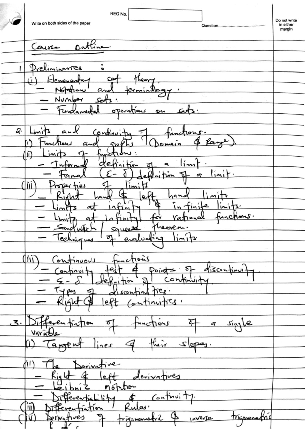 Calculus I(Introduction,notes 0) - REG No. Do not write Write on both ...