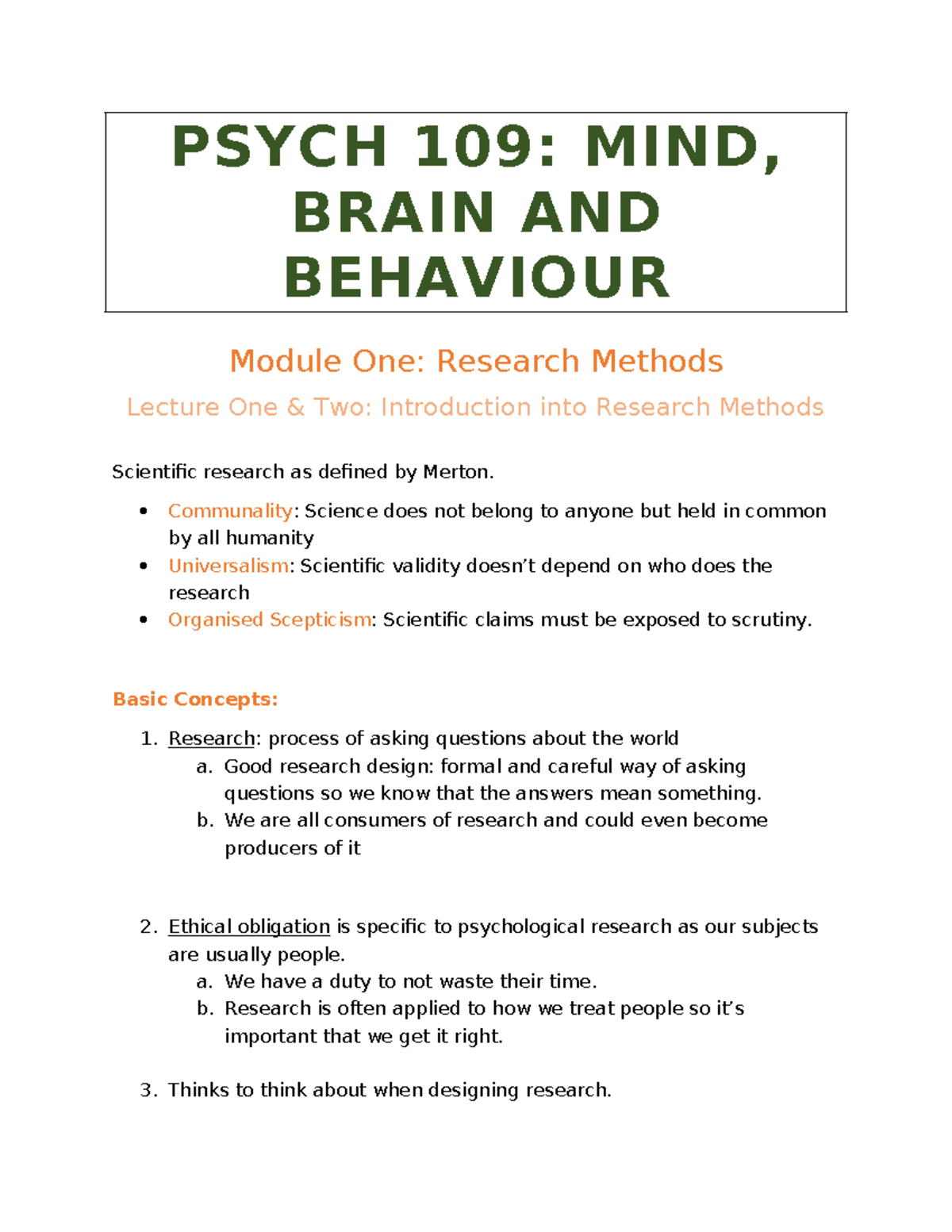 Content notes - PSYCH 109: MIND, BRAIN AND BEHAVIOUR Module One ...