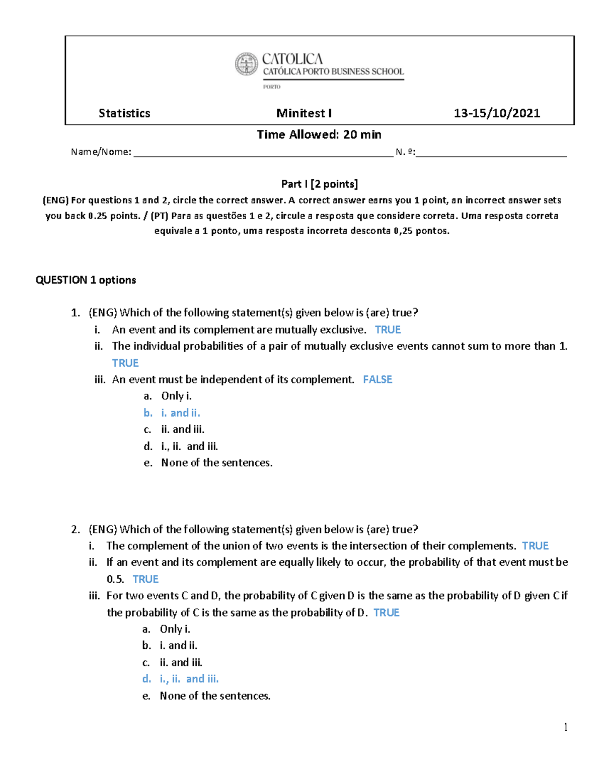 Mini Test 1 2021 2022 1sem Students Solutions - Statistics Minitest I ...