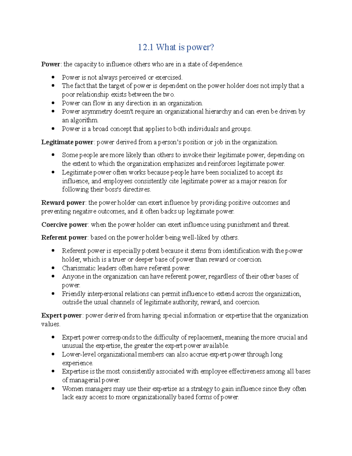 Chapter 12 - Lecture notes. - 12 What is power? Power: the capacity to ...