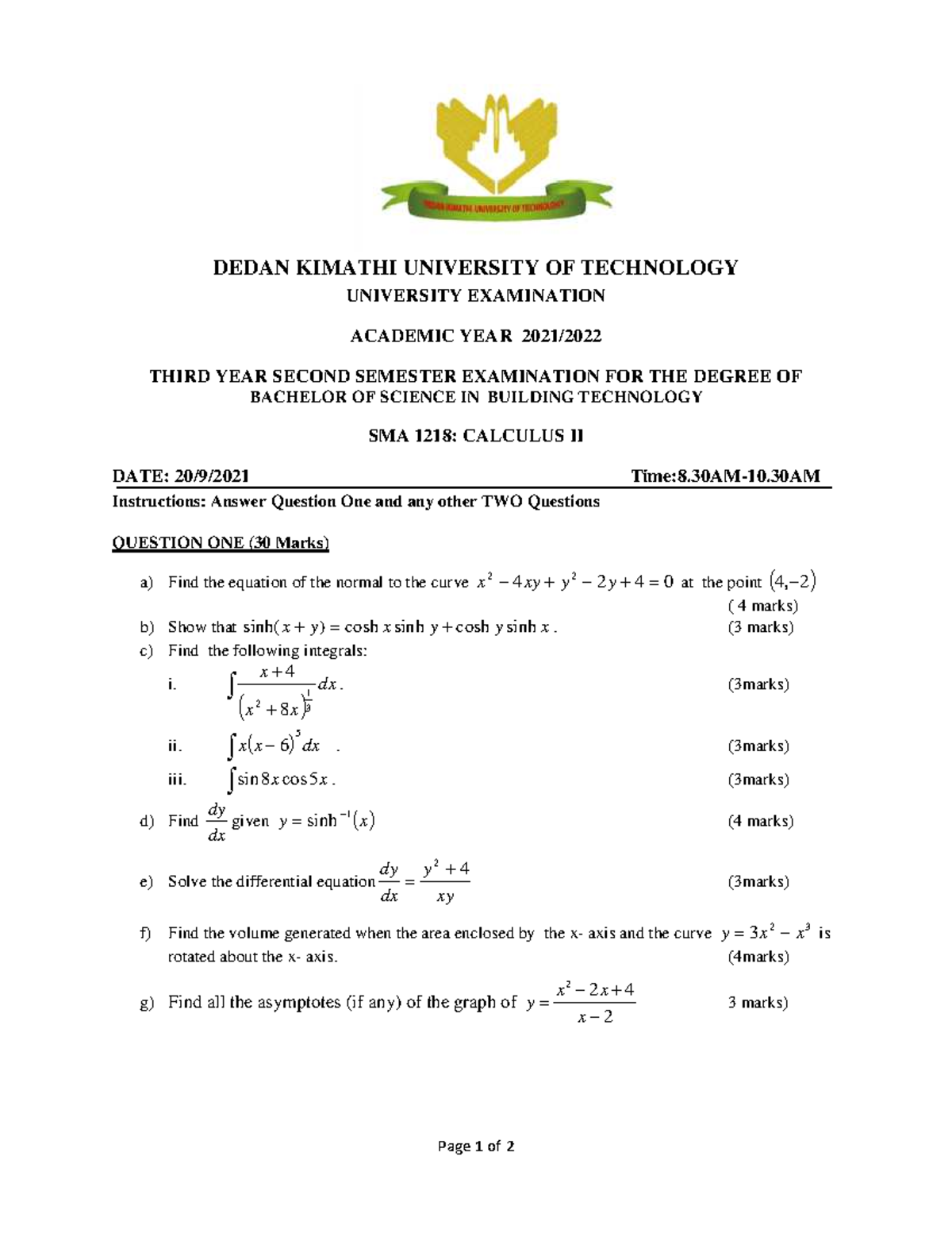 Sma 1218 CAlculus 11 f2 Print - Page 1 of 2 DEDAN KIMATHI UNIVERSITY OF TECHNOLOGY UNIVERSITY ...
