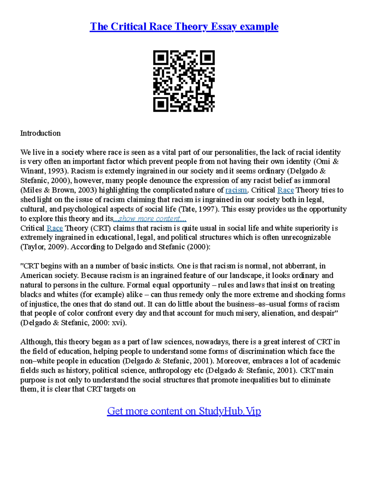 Criticism Essay Example - The Critical Race Theory Essay example ...