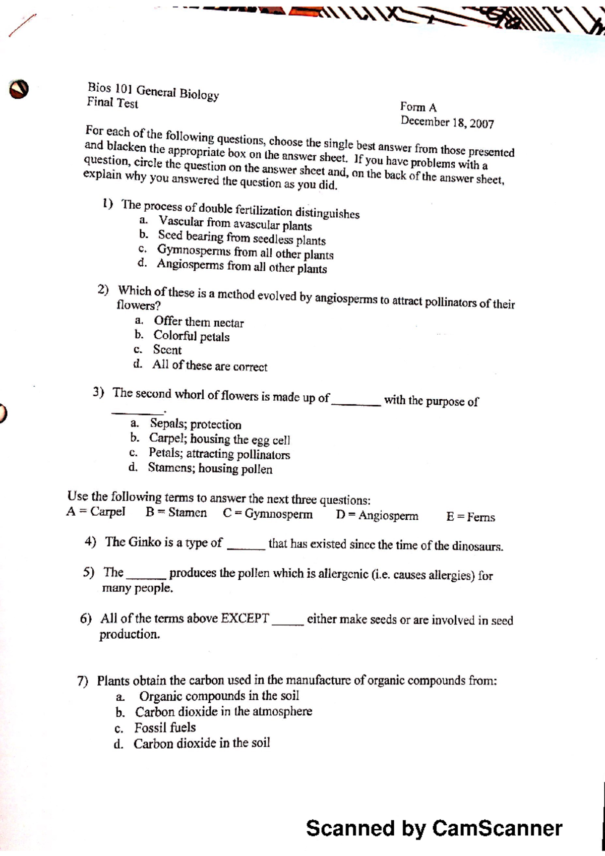BIOS 101 Final Test - BIOS 101 - Studocu