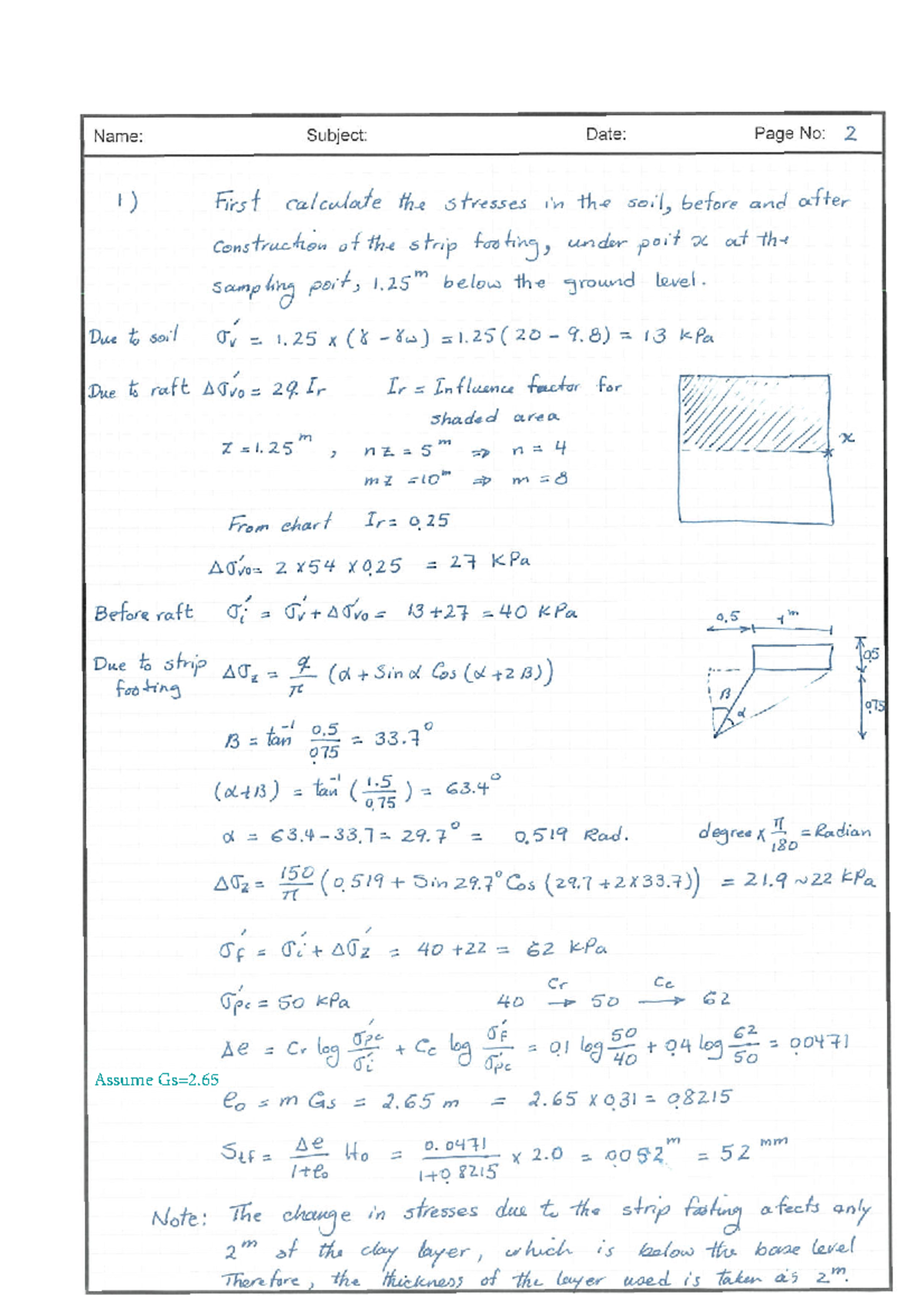 Workshop Solutions Week 8 Settlement of Foundations - Assume Gs=2. Subject: Date: Page No: ⸀簀 匀 ...