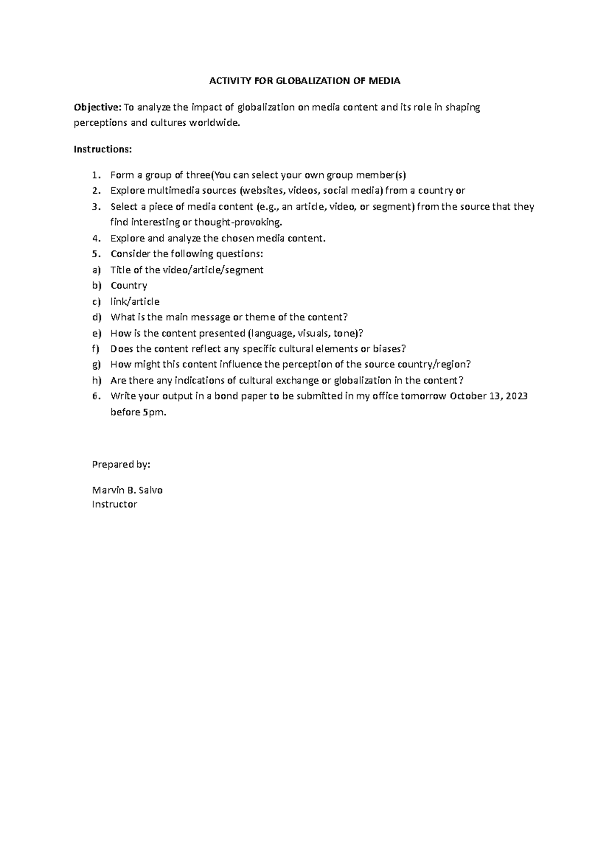 Activity FOR Globalization OF Media 1 - ACTIVITY FOR GLOBALIZATION OF ...