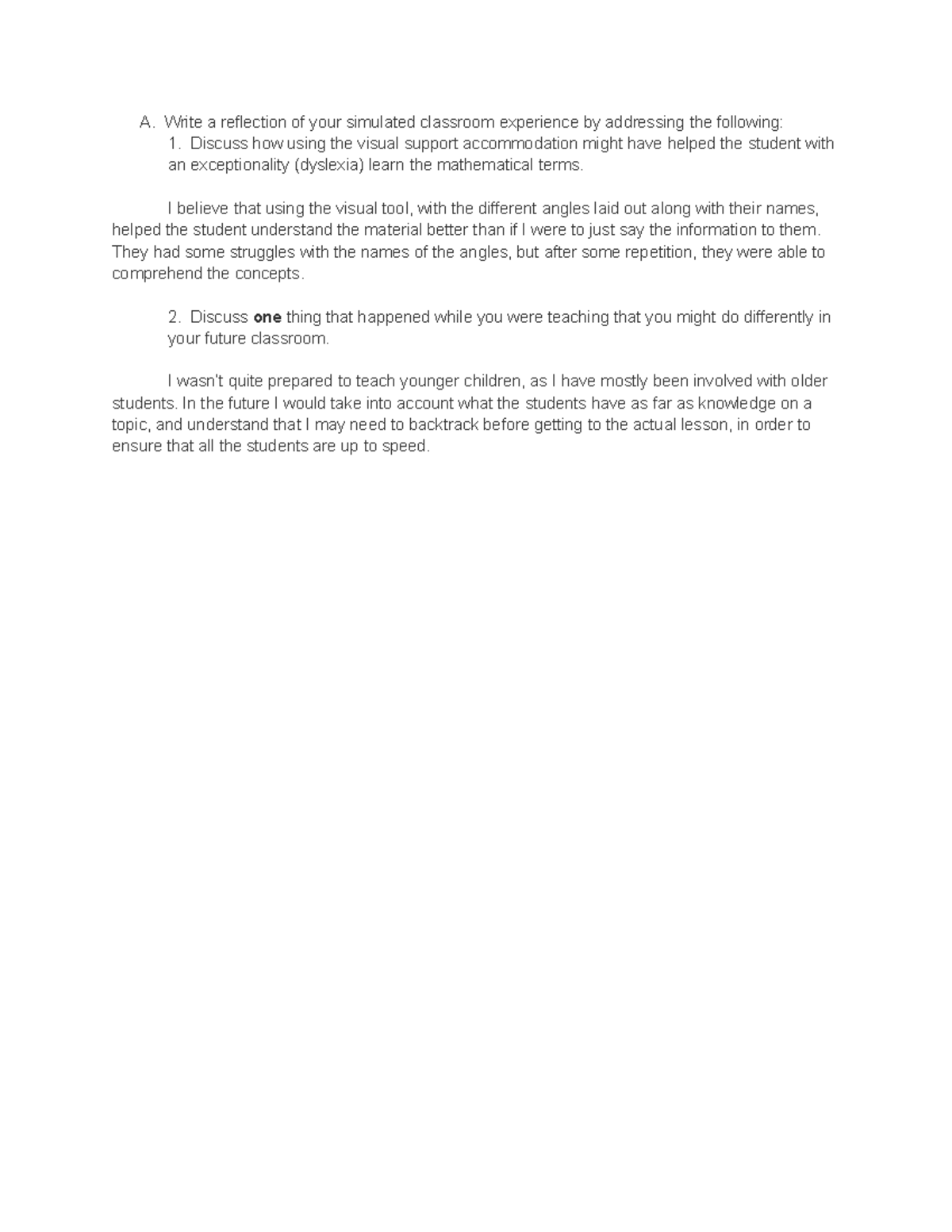 Diverse Learners Task 2 - A. Write a reflection of your simulated ...