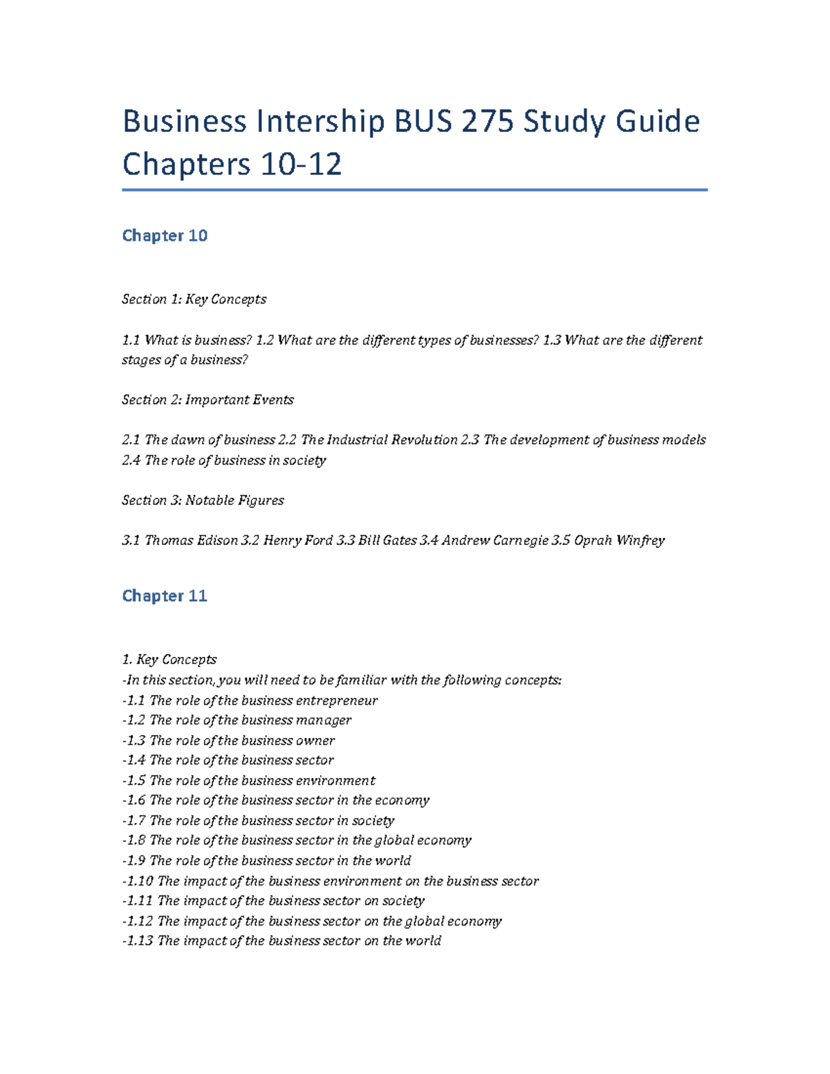 Business Intership BUS 275 Study Guide Chapters 10-12 - Business Intership BUS 275 Study Guide ...