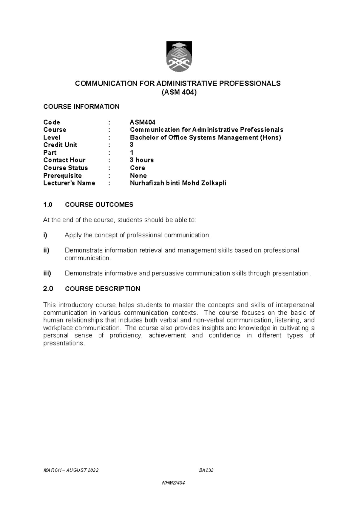 Lesson Plan ASM404 Mac - Aug 2022 - COMMUNICATION FOR ADMINISTRATIVE PROFESSIONALS (ASM 404 ...