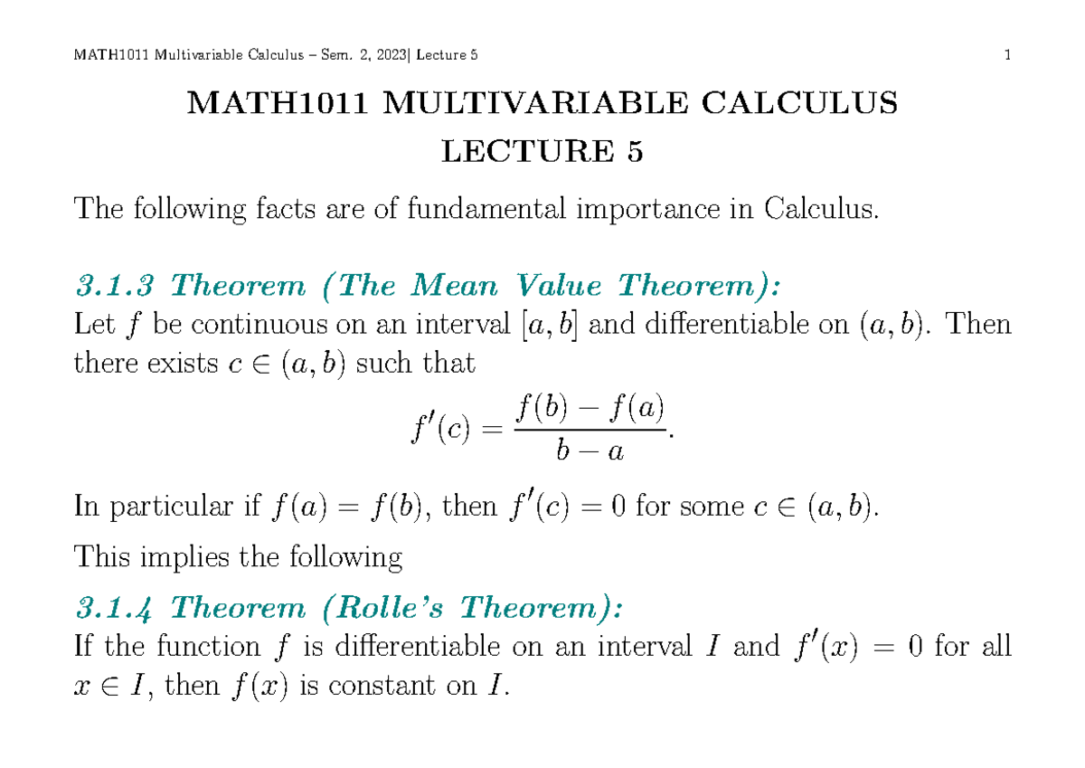 MATH1011 Lecture 5 2 23 - MATH1011 MULTIVARIABLE CALCULUS LECTURE 5 The following facts are of ...