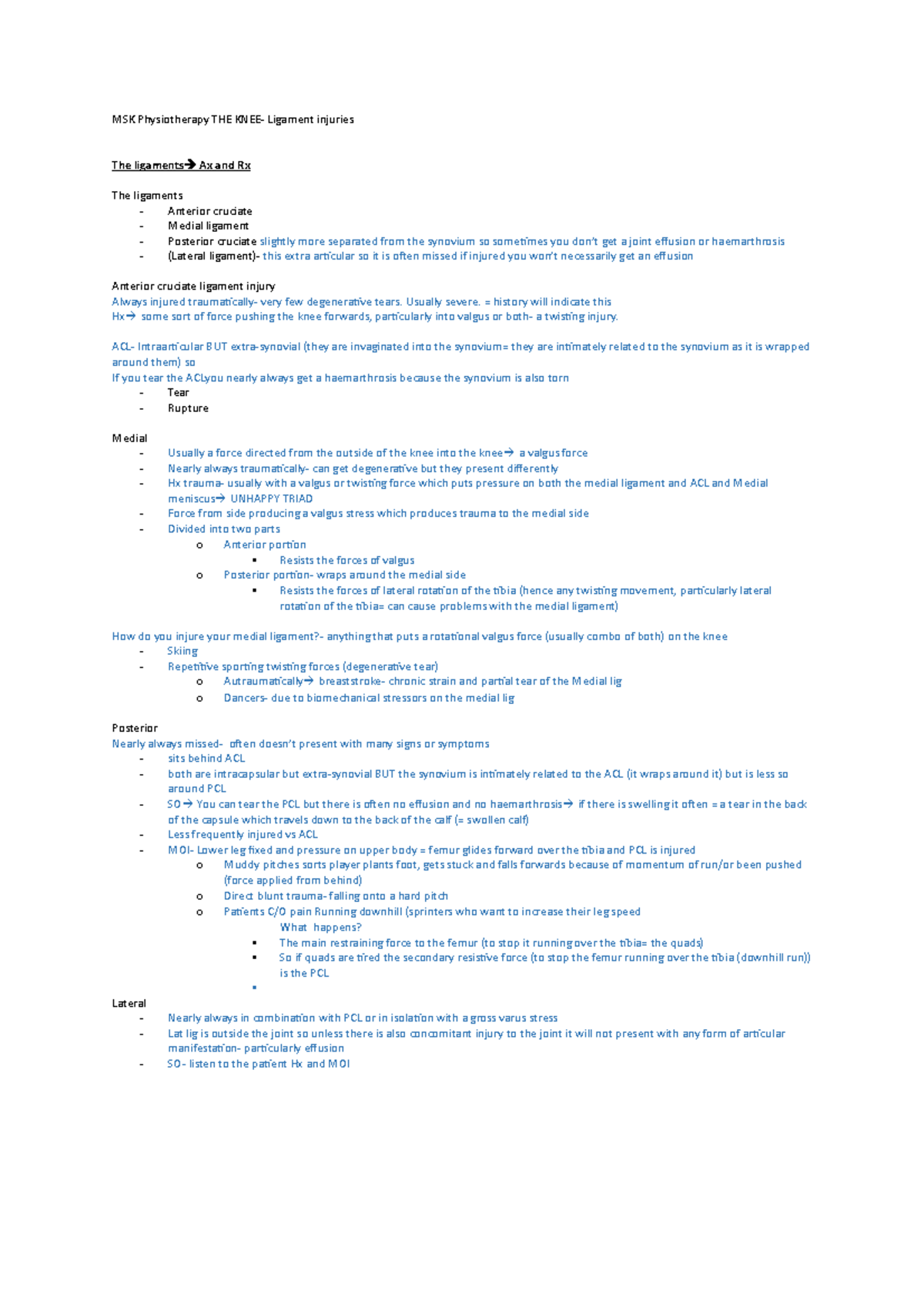 MSK Physiotherapy THE KNEE- Ligament injuries - Southampton - Studocu