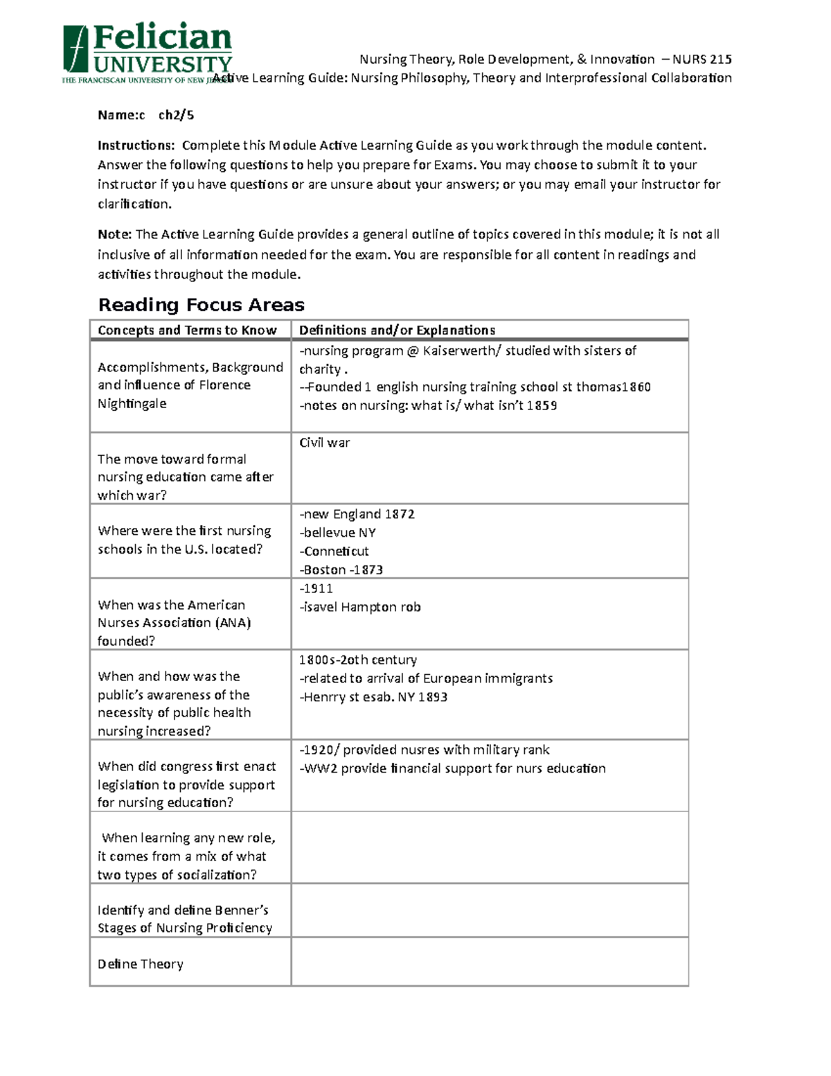 Active learning module 4 - Active Learning Guide: Nursing Philosophy, Theory and ...