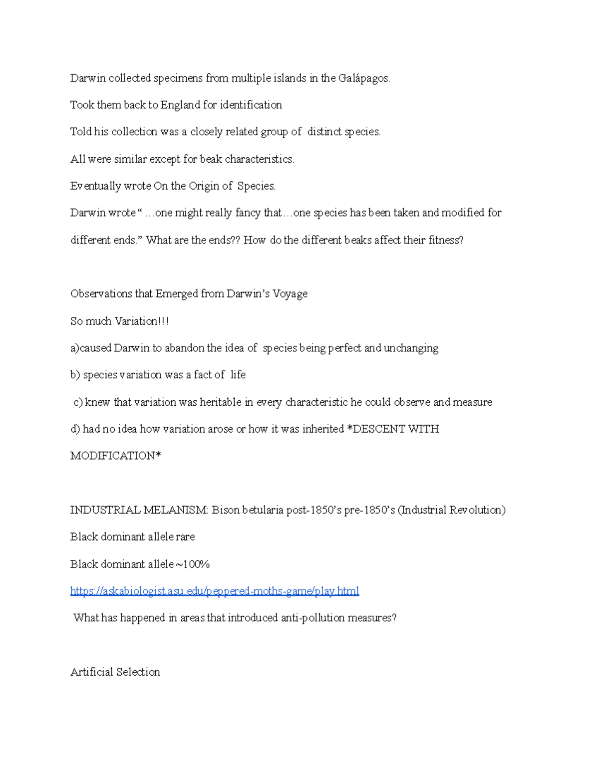 Biology notes evolution - Darwin collected specimens from multiple ...