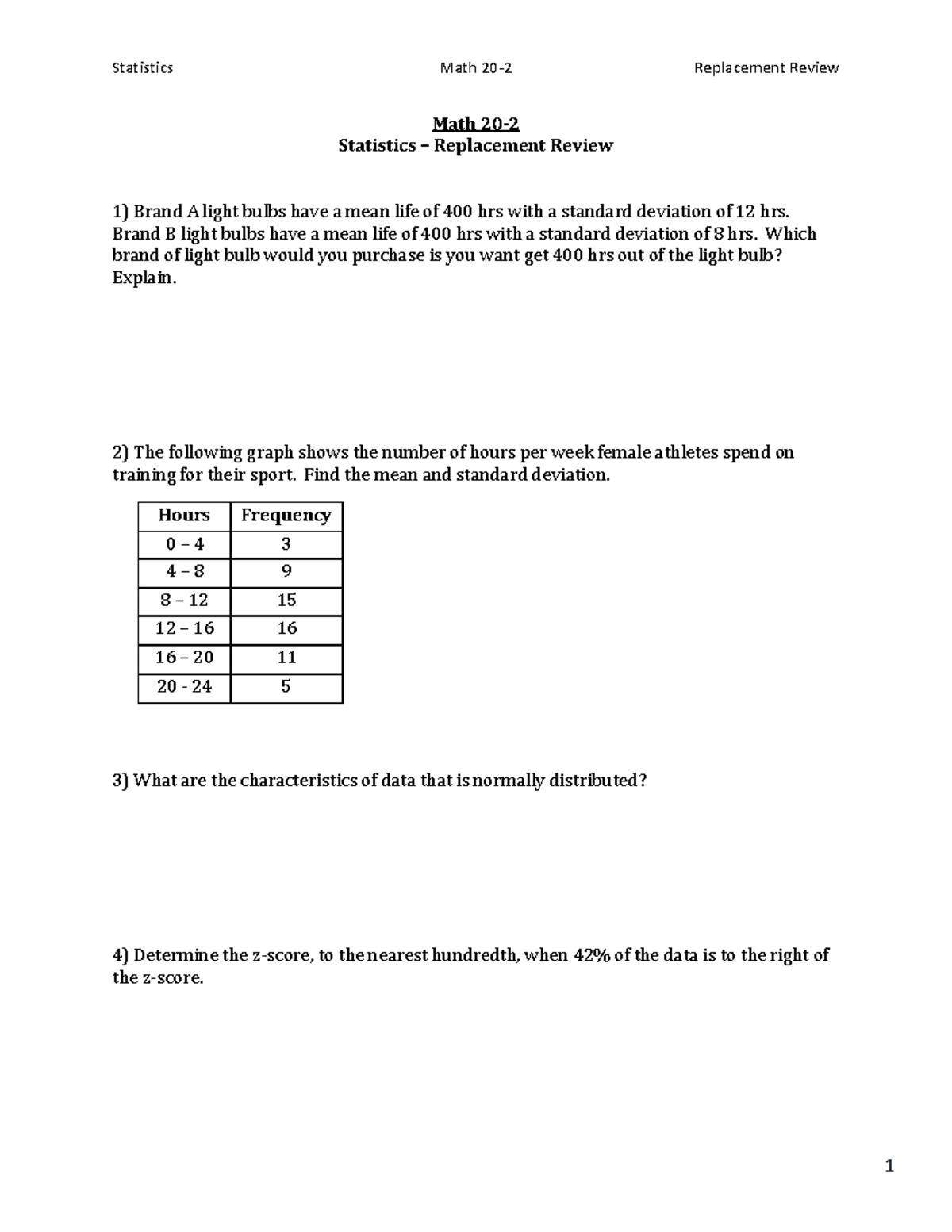 Ch 5 Stats Replacement Review - Statistics Math 20-2 Replacement Review ...