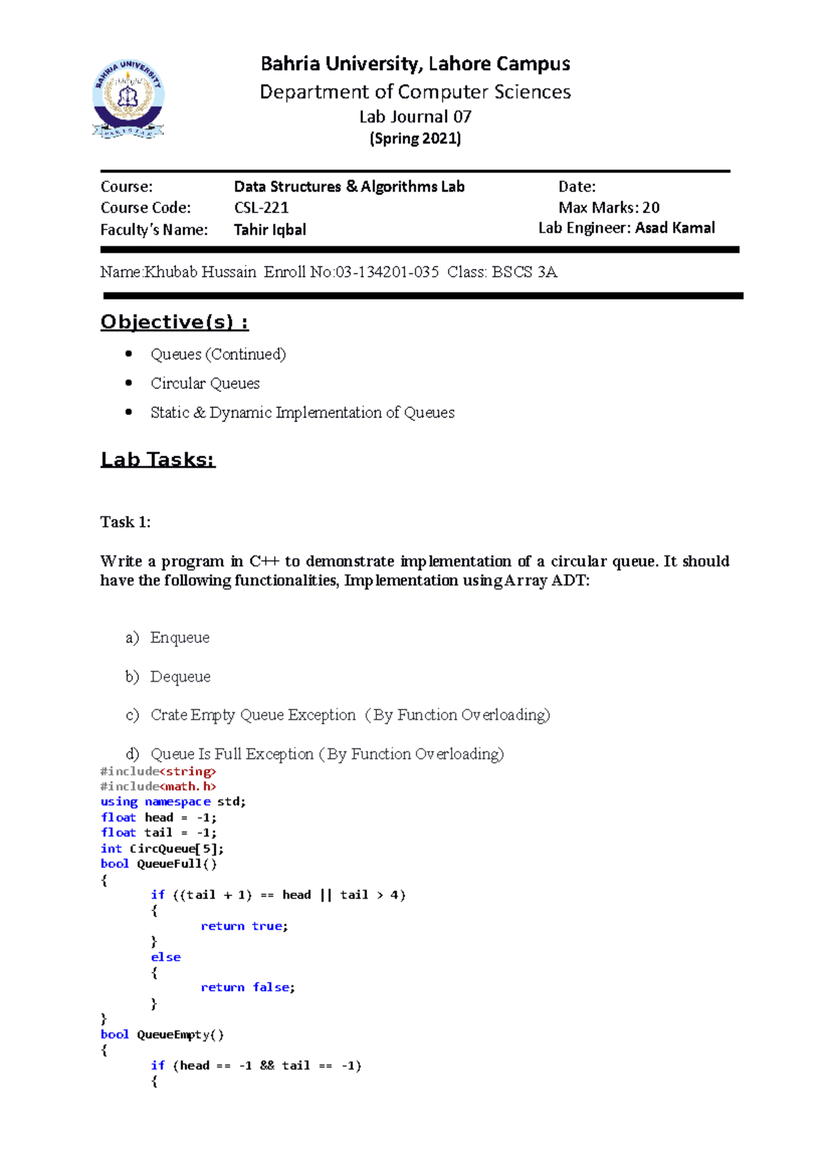 DSA lab 7 - Lecture notes 2 - Bahria University, Lahore Campus ...