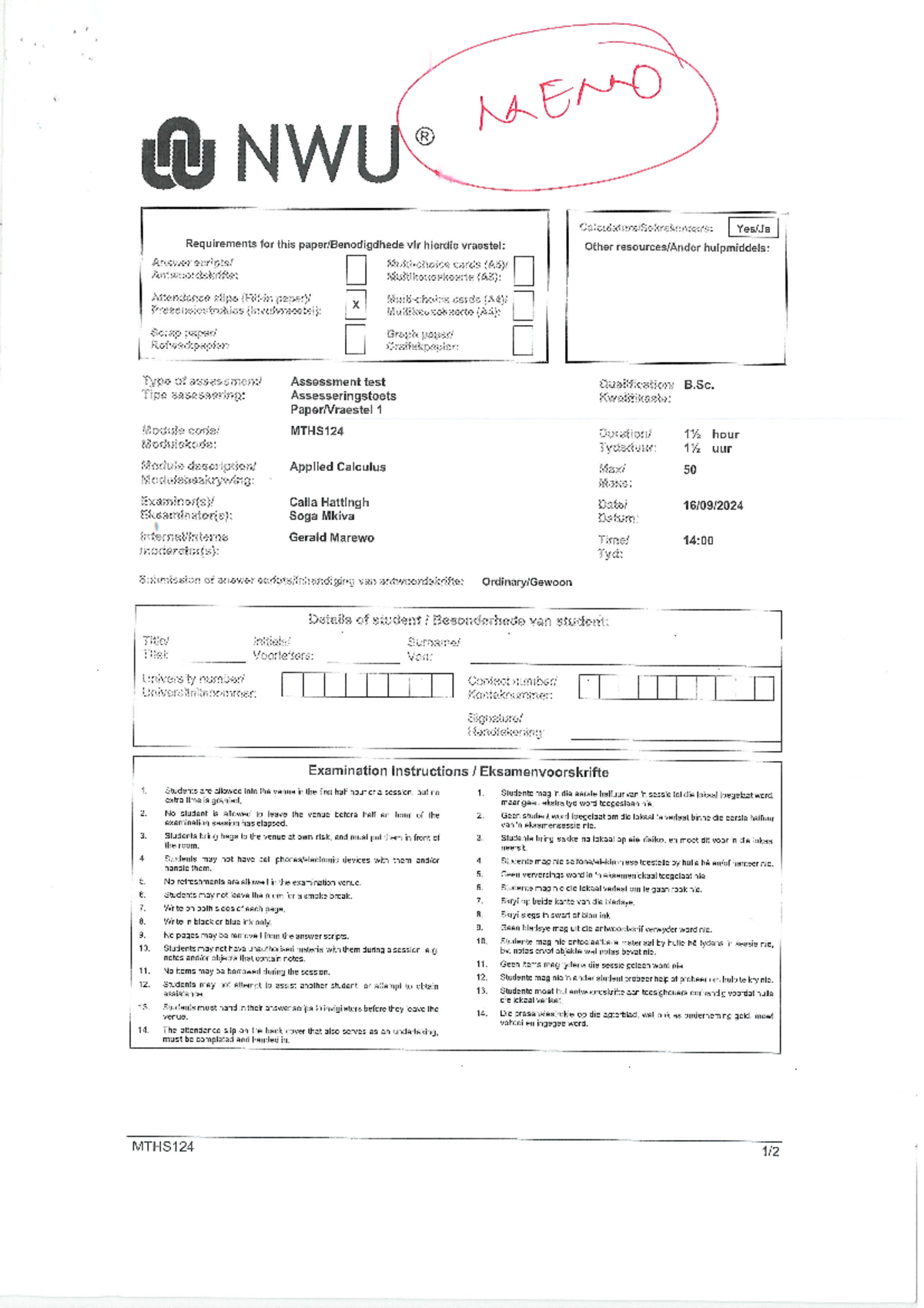 MTHS214 long test 2 memo - U NWU R Calculators/Sakrekenaars: Yes/Ja ...
