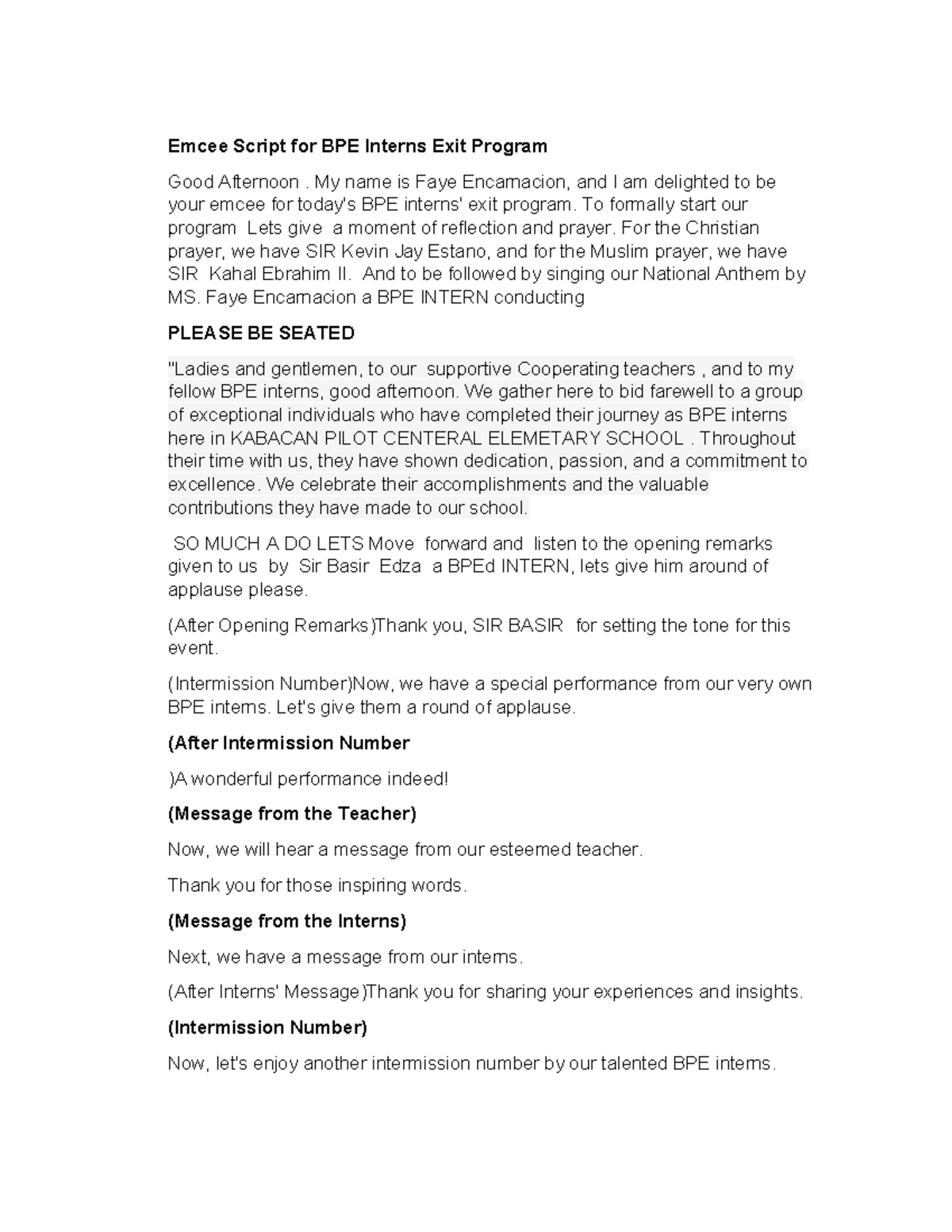 Emcee Script for BPE Interns Exit Program - My name is Faye Encarnacion ...