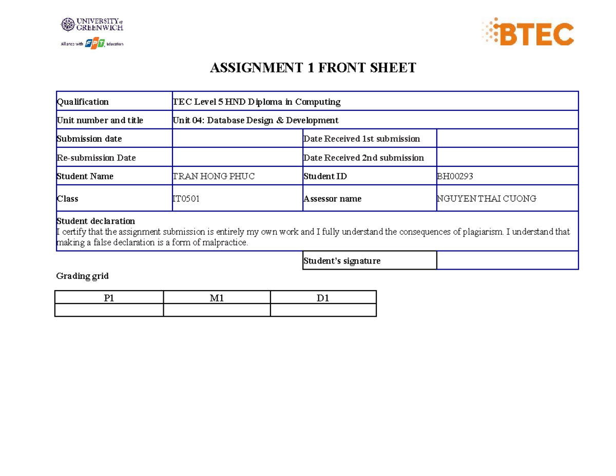 Asg1 (1) - dsdsd - ASSIGNMENT 1 FRONT SHEET Qualification TEC Level 5 HND Diploma in Computing ...