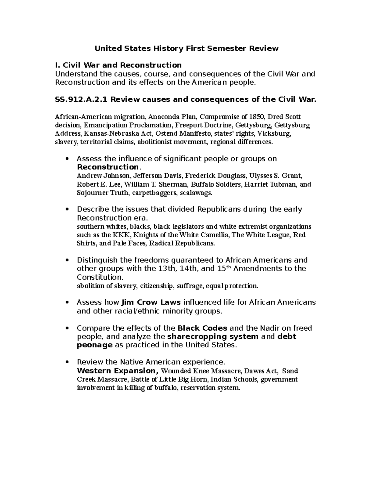 US History 1st Semester benchmark review - United States History First ...