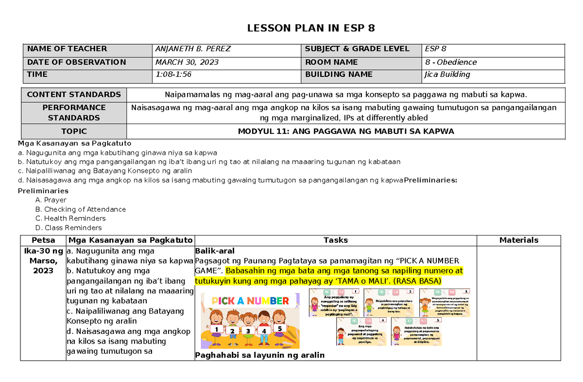 CO2 esp M11 - NAME OF TEACHER ANJANETH B. PEREZ SUBJECT & GRADE LEVEL ...