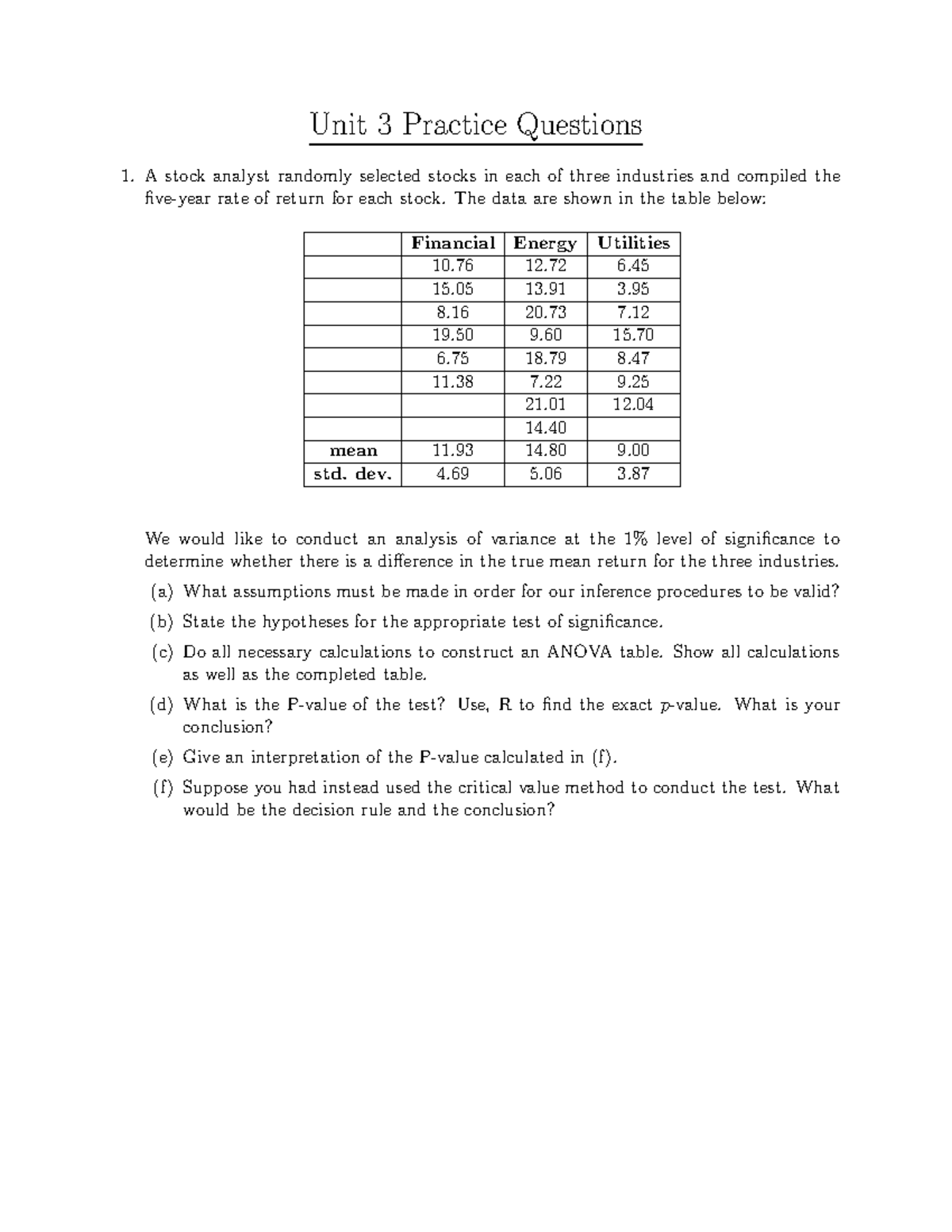 Unit 3 Practice Problems - Unit 3 Practice Questions A stock analyst randomly selected stocks in ...