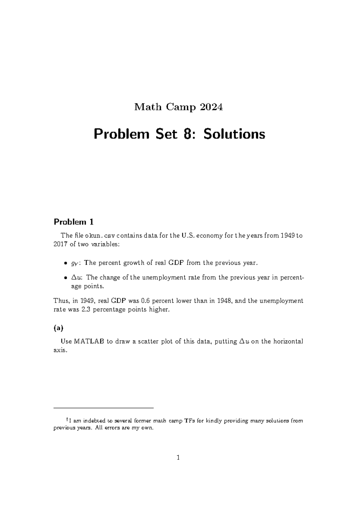 Pset8 solution - math camp - Math Camp 2024 Problem Set 8: Solutions ...