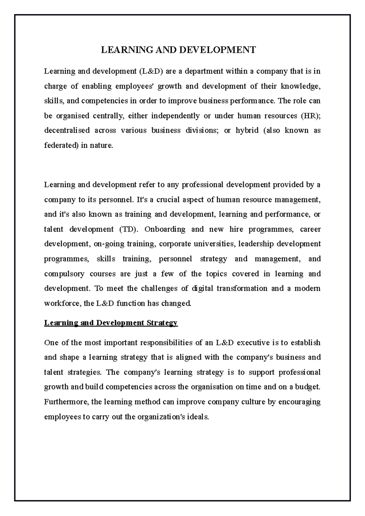 Learning and Development - LEARNING AND DEVELOPMENT Learning and ...