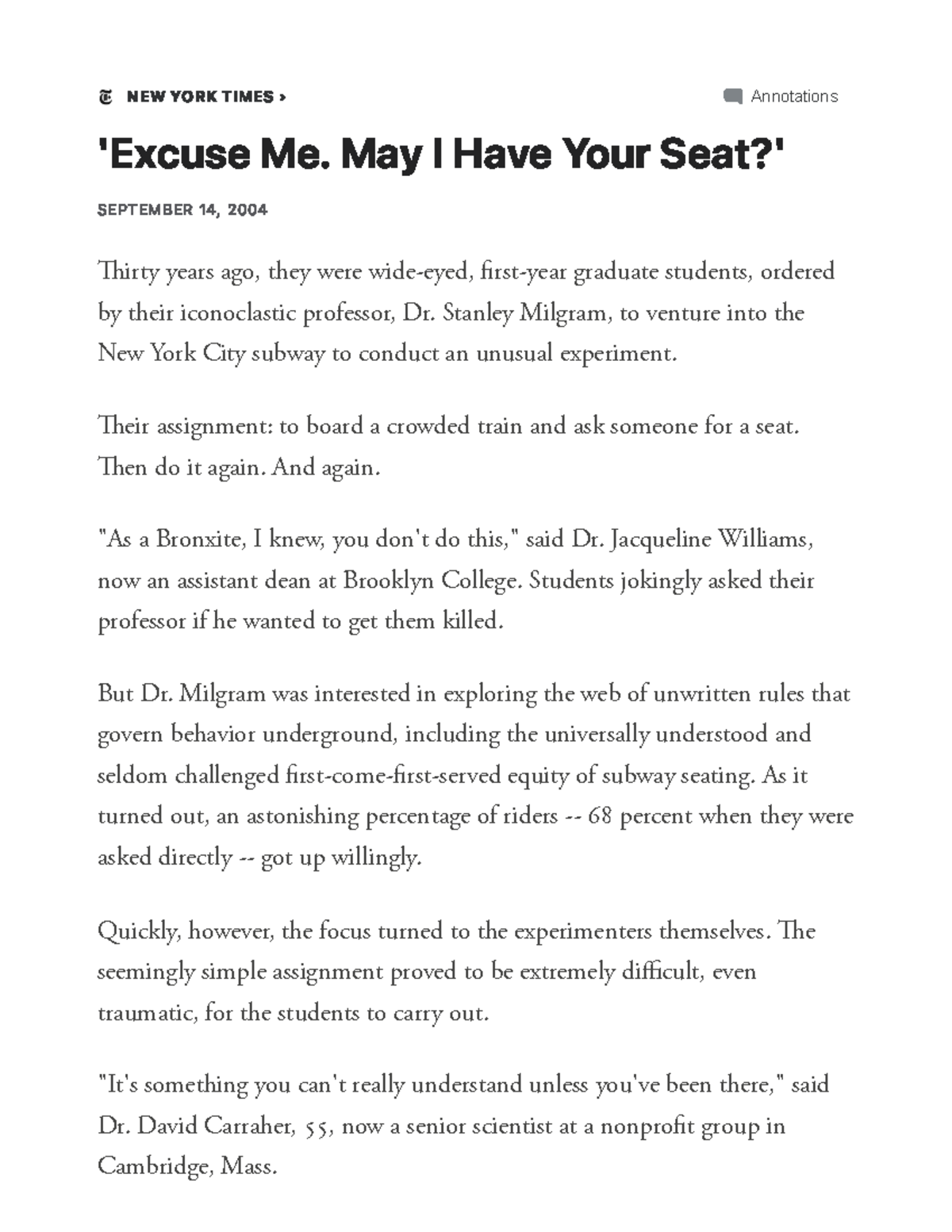 'Excuse Me. May I Have Your Seat ' - NEW YORK TIMES › Annotations ...