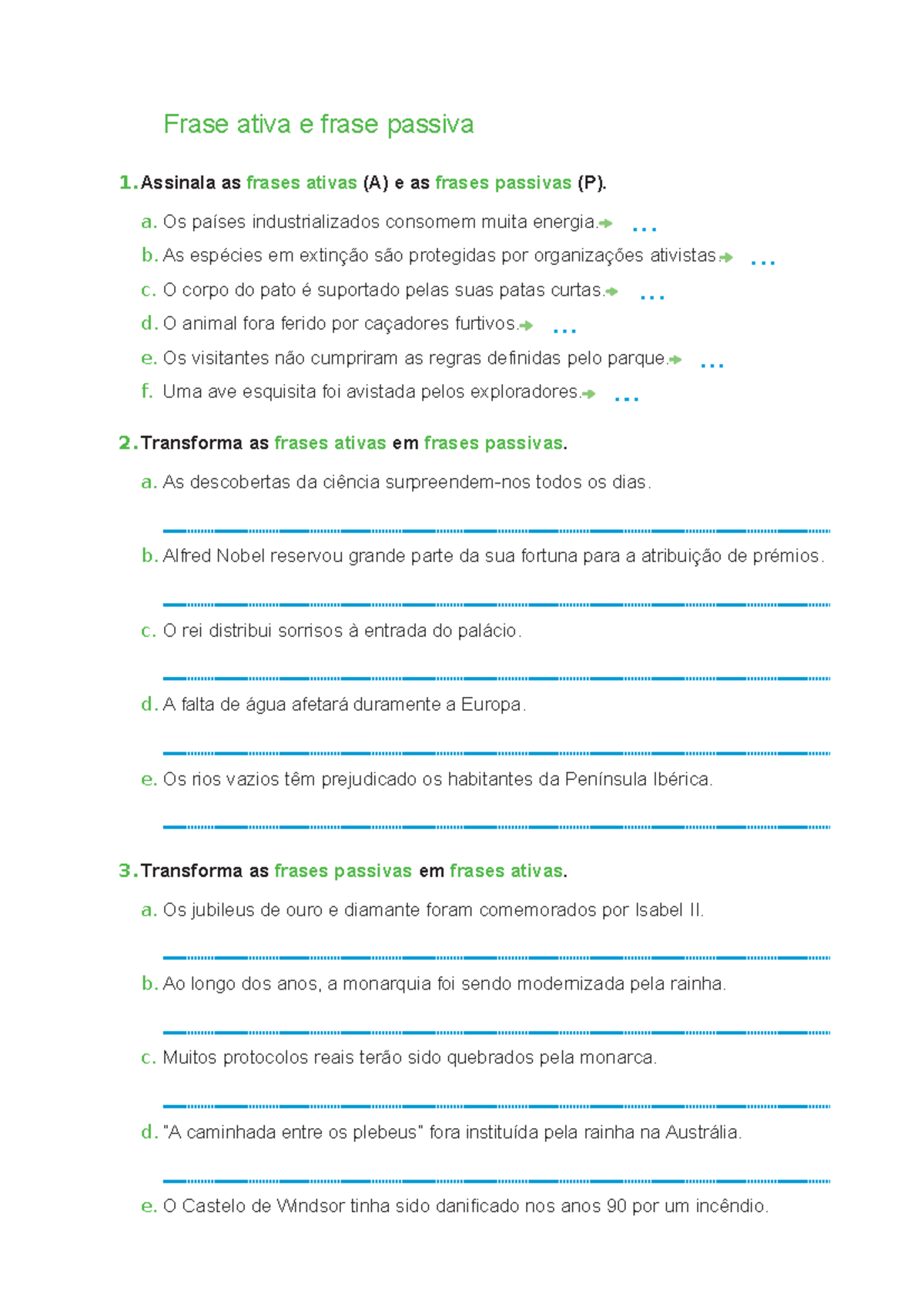 Frase Ativa e Passiva - Fichas de trabalho - Frase ativa e frase ...