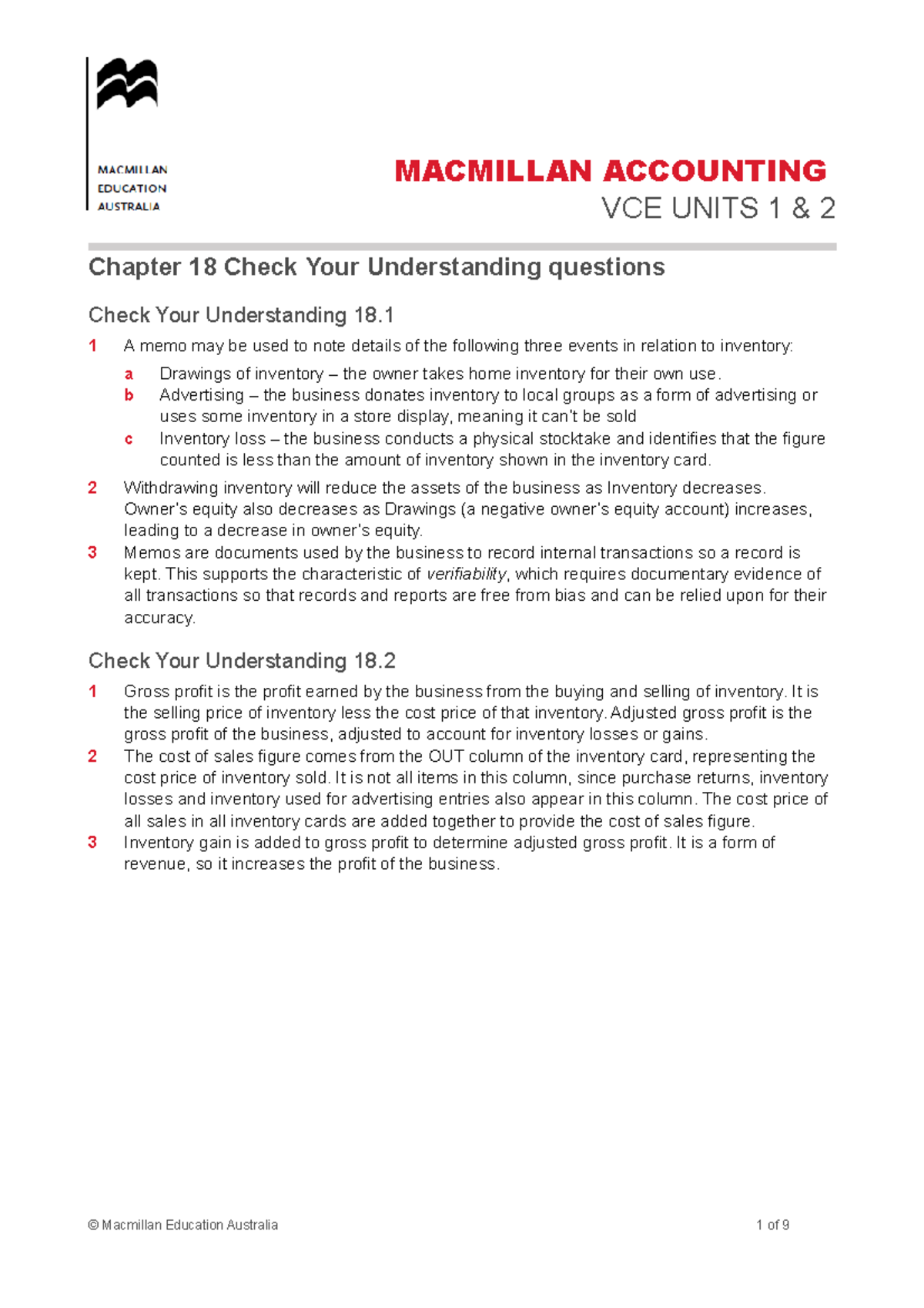 18 Answers Vceacc 12 Macmillan Accounting Vce Units 1 And 2 Chapter 18