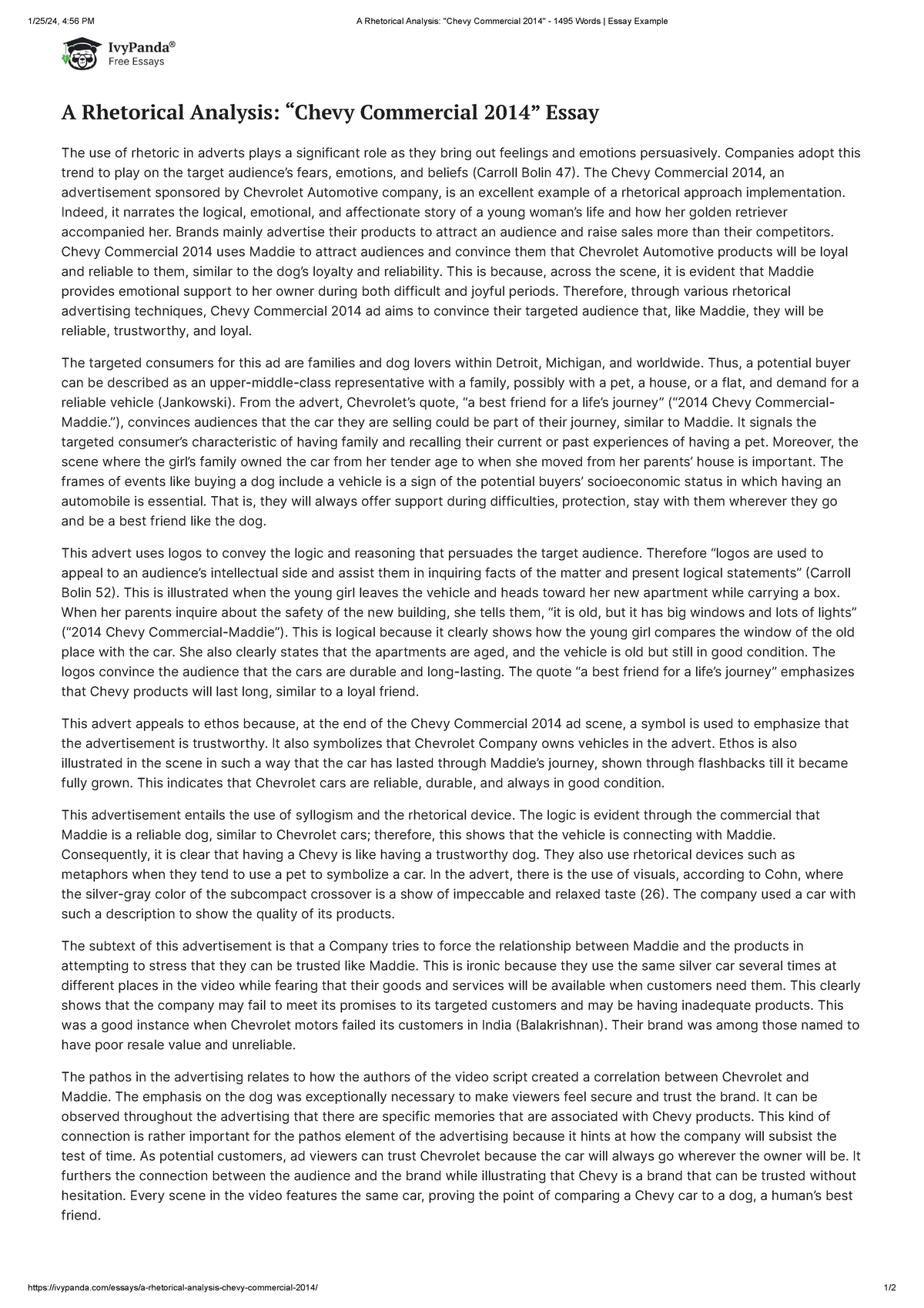 A Rhetorical Analysis Chevy Commercial 2014 - 1495 Words Essay Example ...