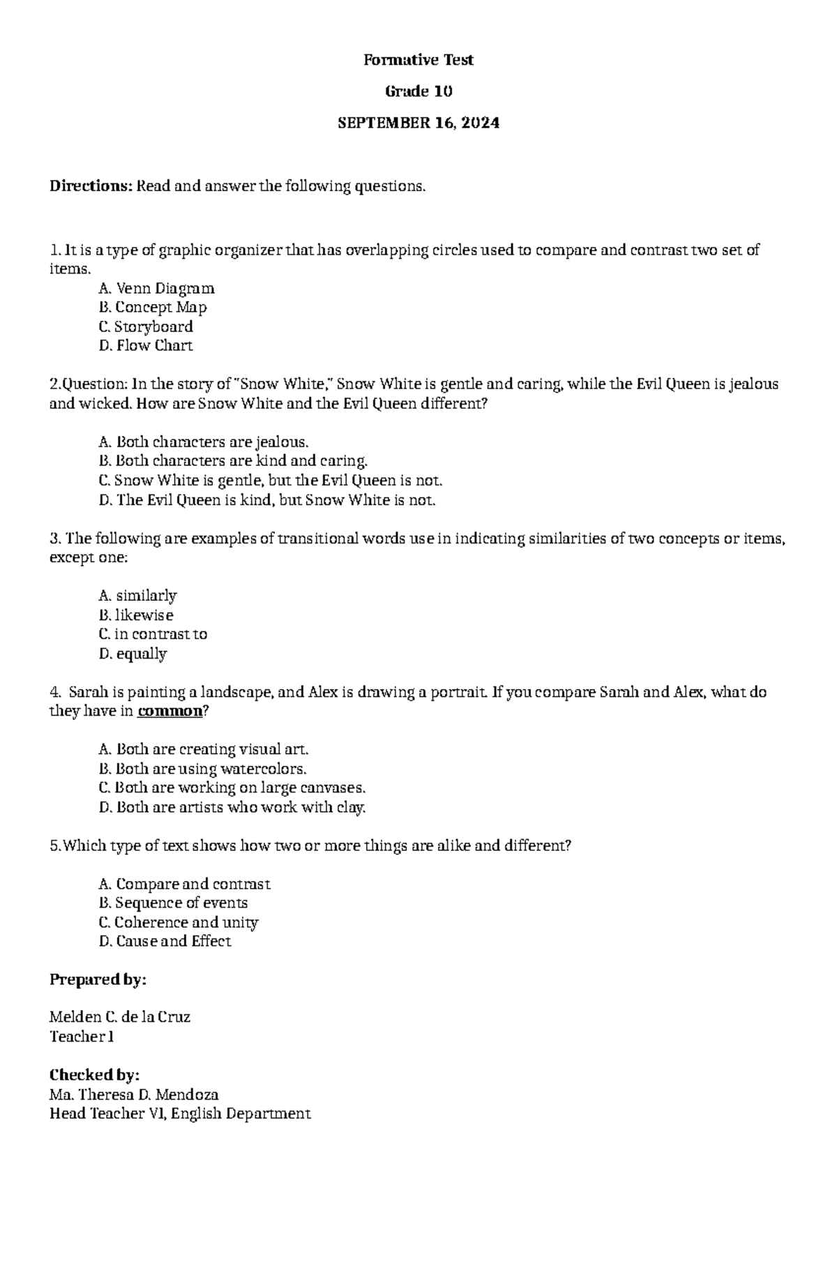 Formative Test 4 SEPT-16-24 - Formative Test Grade 10 SEPTEMBER 16 ...