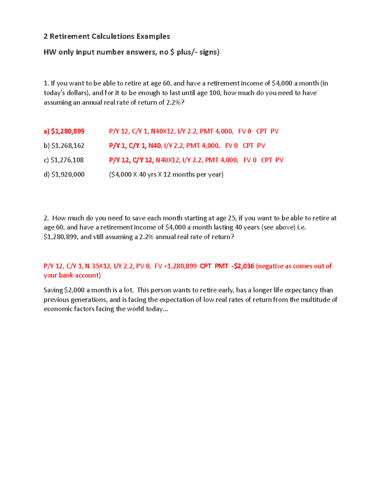 2 Retirement Calcs Examples - 2 Retirement Calculations Examples HW ...