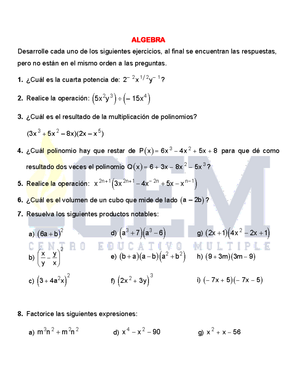 Pensamiento Matemático Laboratorio 2 - ALGEBRA Desarrolle cada uno de ...