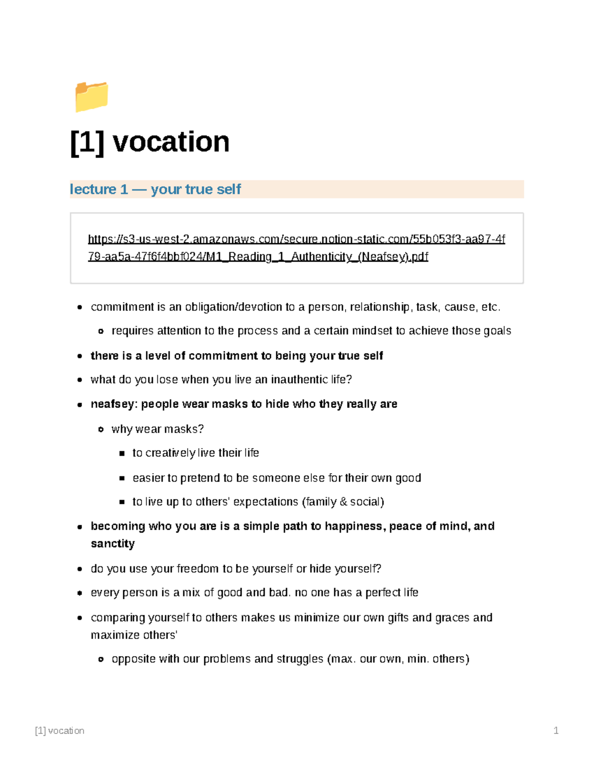 Module 1 Vocation - 📁 [1] vocation lecture 1 — your true self - Studocu